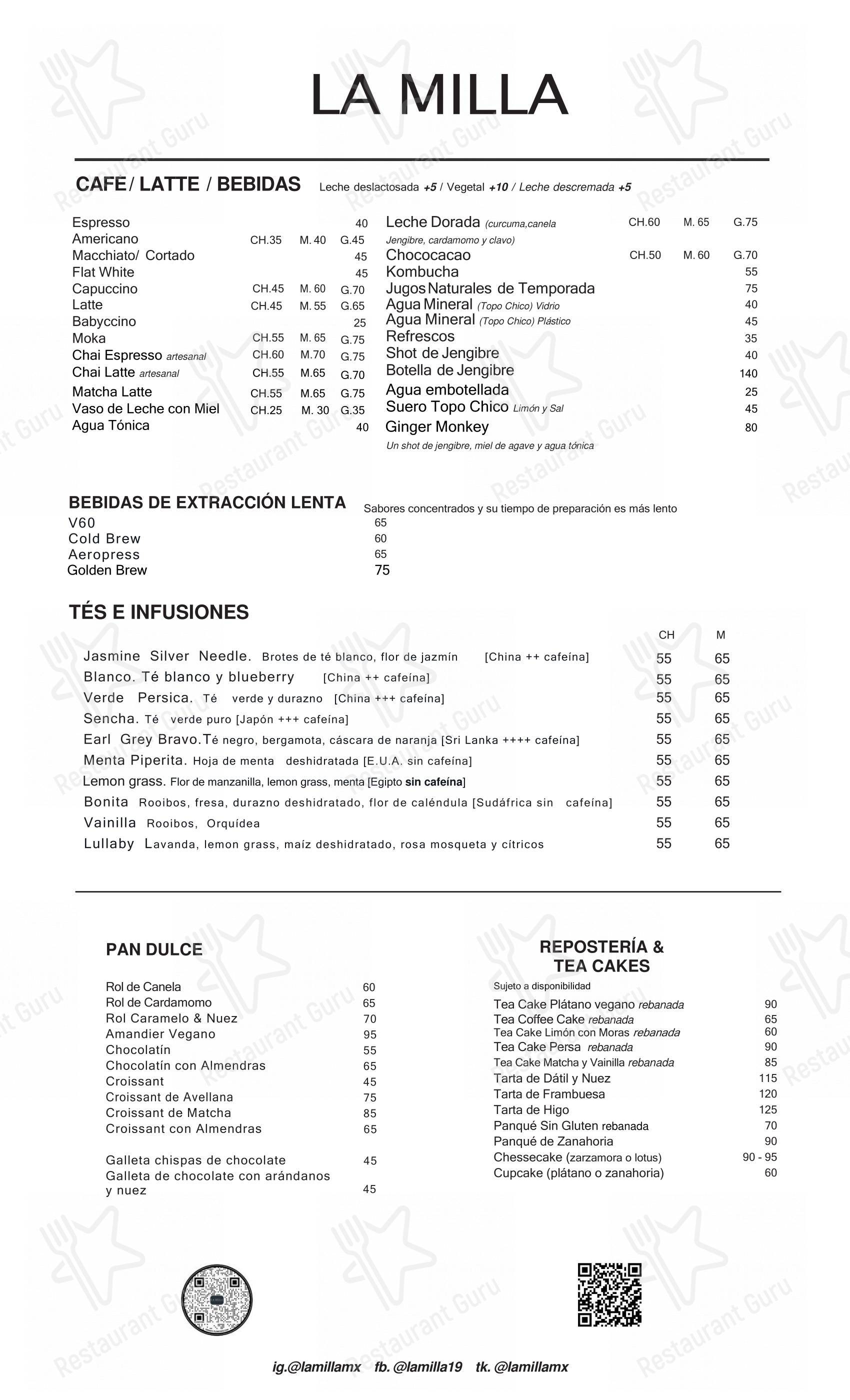 Menu at La Milla restaurant, Mexico City