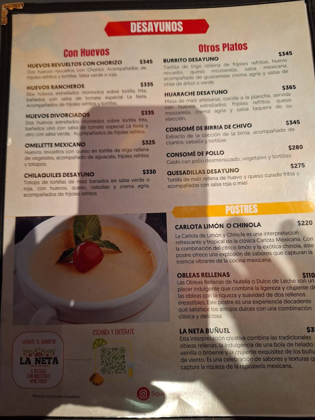 Carta del restaurante La Neta, Santo Domingo