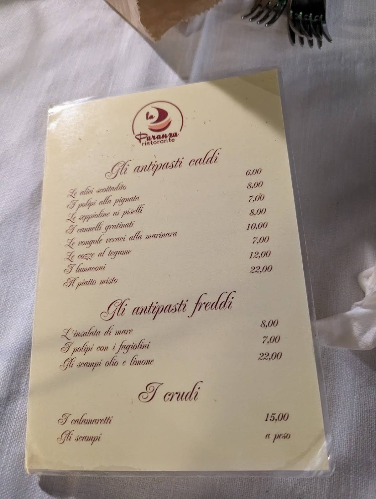 Menu at La Paranza restaurant, Pescara