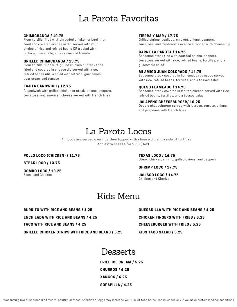 Menu at La Parota Mexican Restaurant, Farmville, S Main St