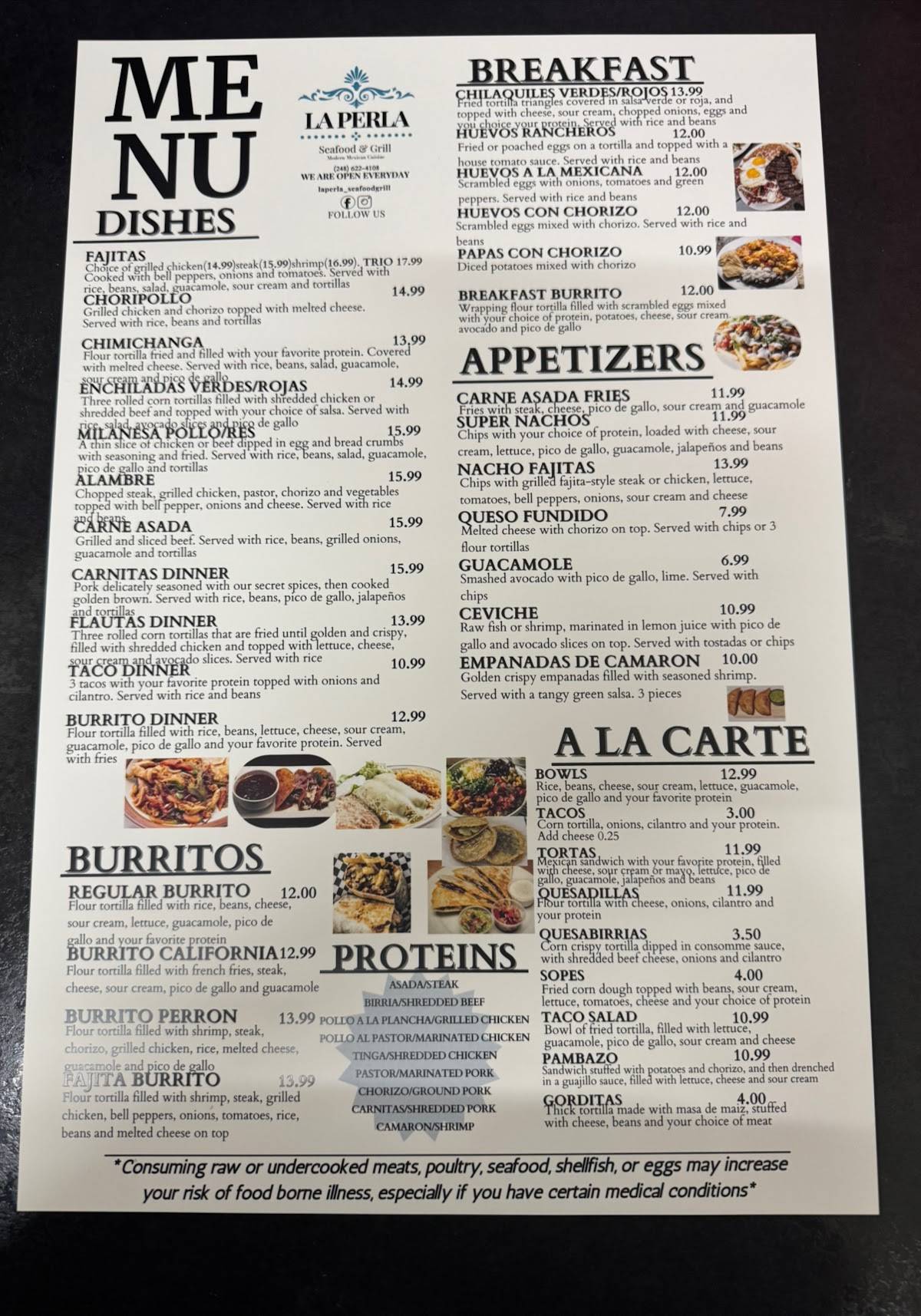 Menu at La Perla Seafood & Grill restaurant, Pontiac
