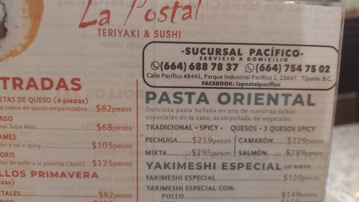 Carta del restaurante La Postal Pacifico, Tijuana