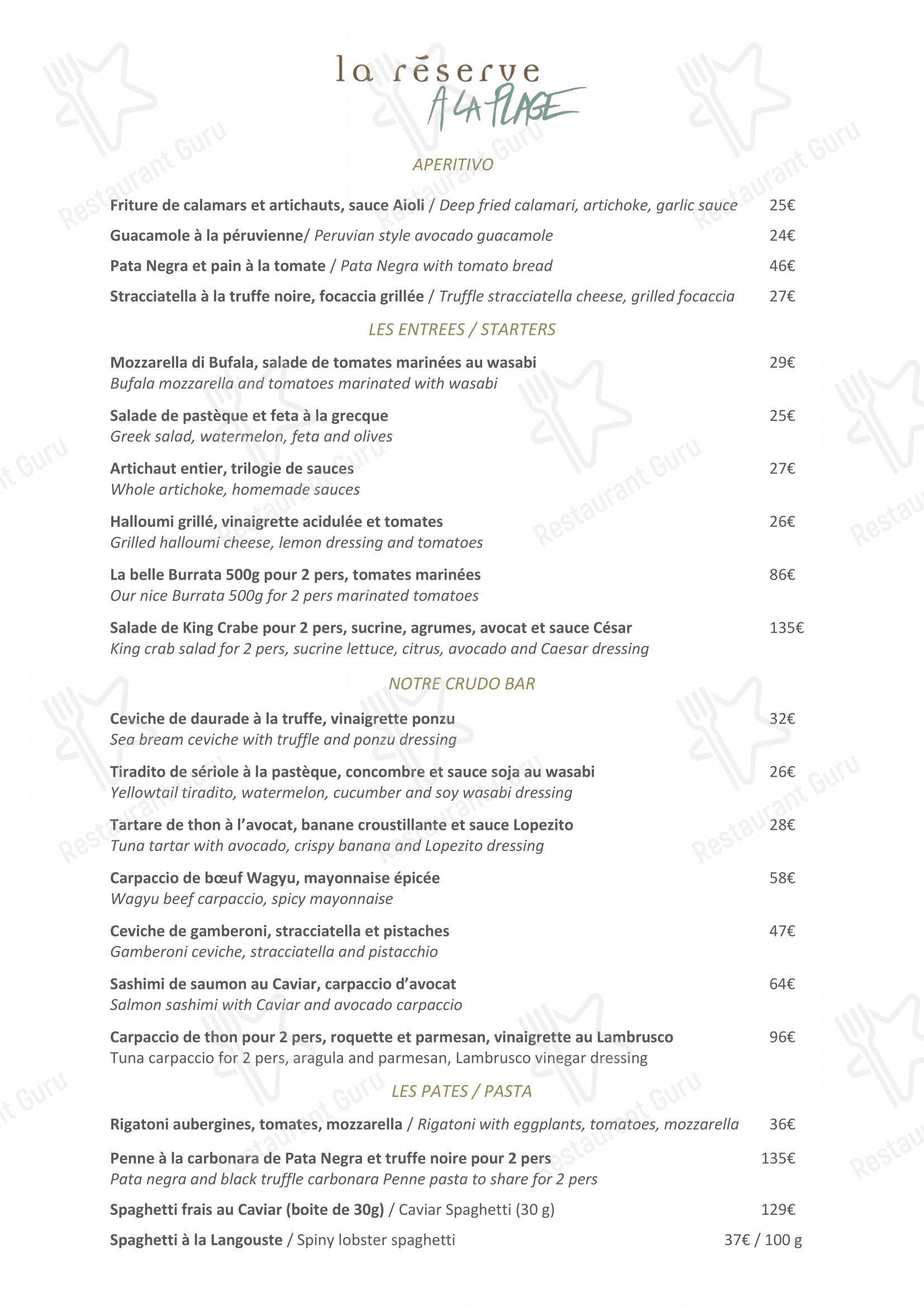 Menu at La Réserve à la Plage restaurant, Ramatuelle