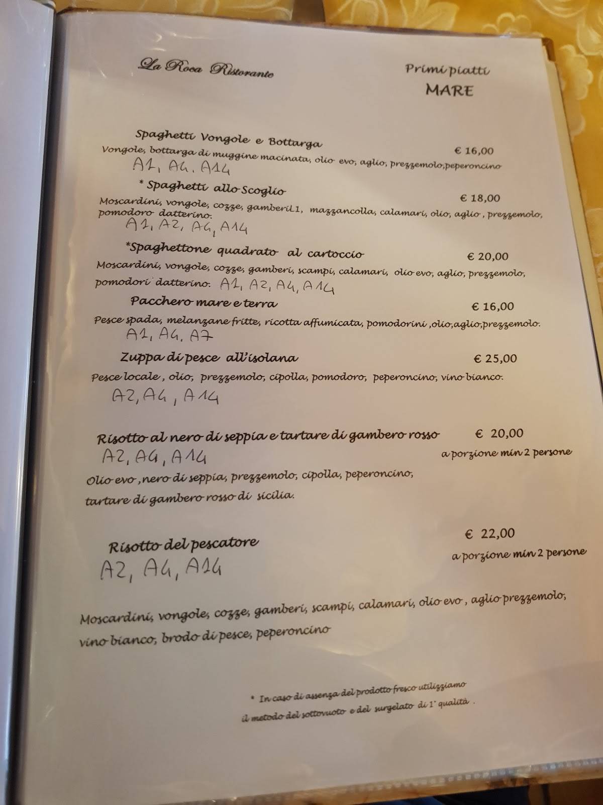 Speisekarte von La Roca restaurant, La Maddalena