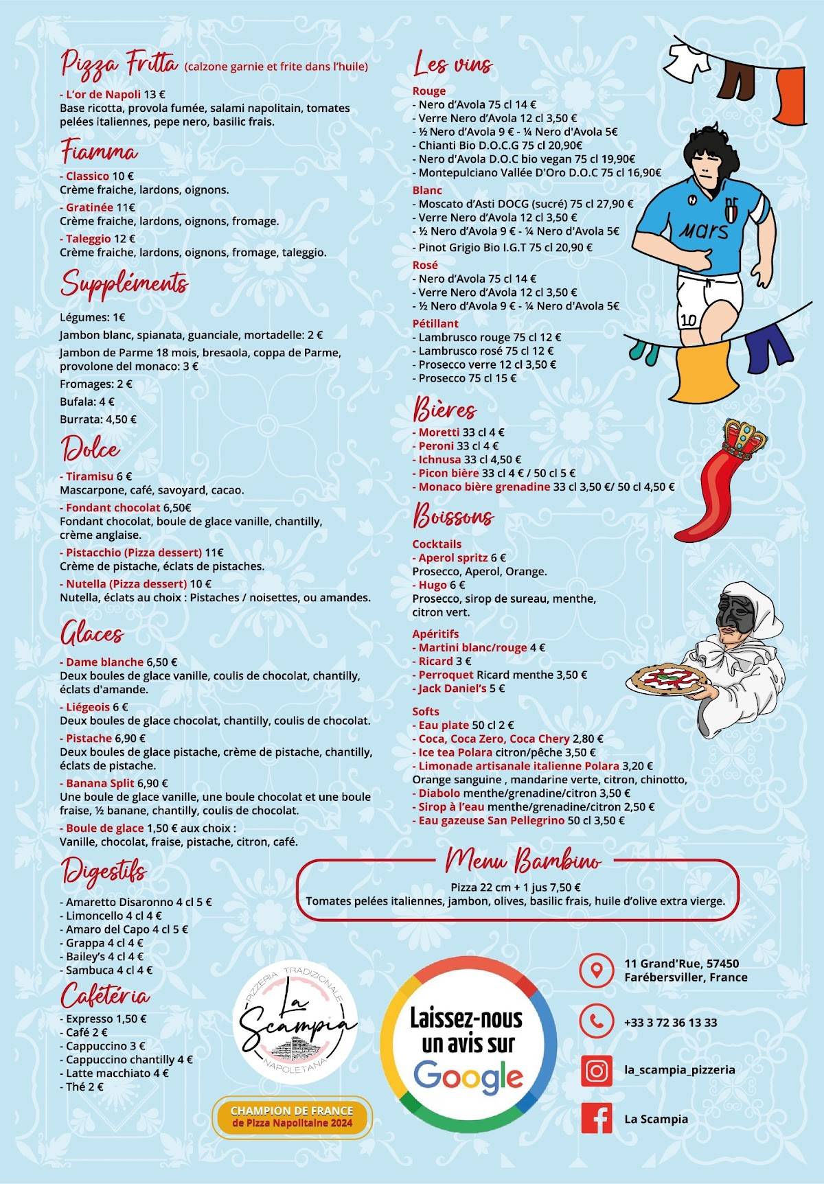 Carta del restaurante La Scampia, Farébersviller