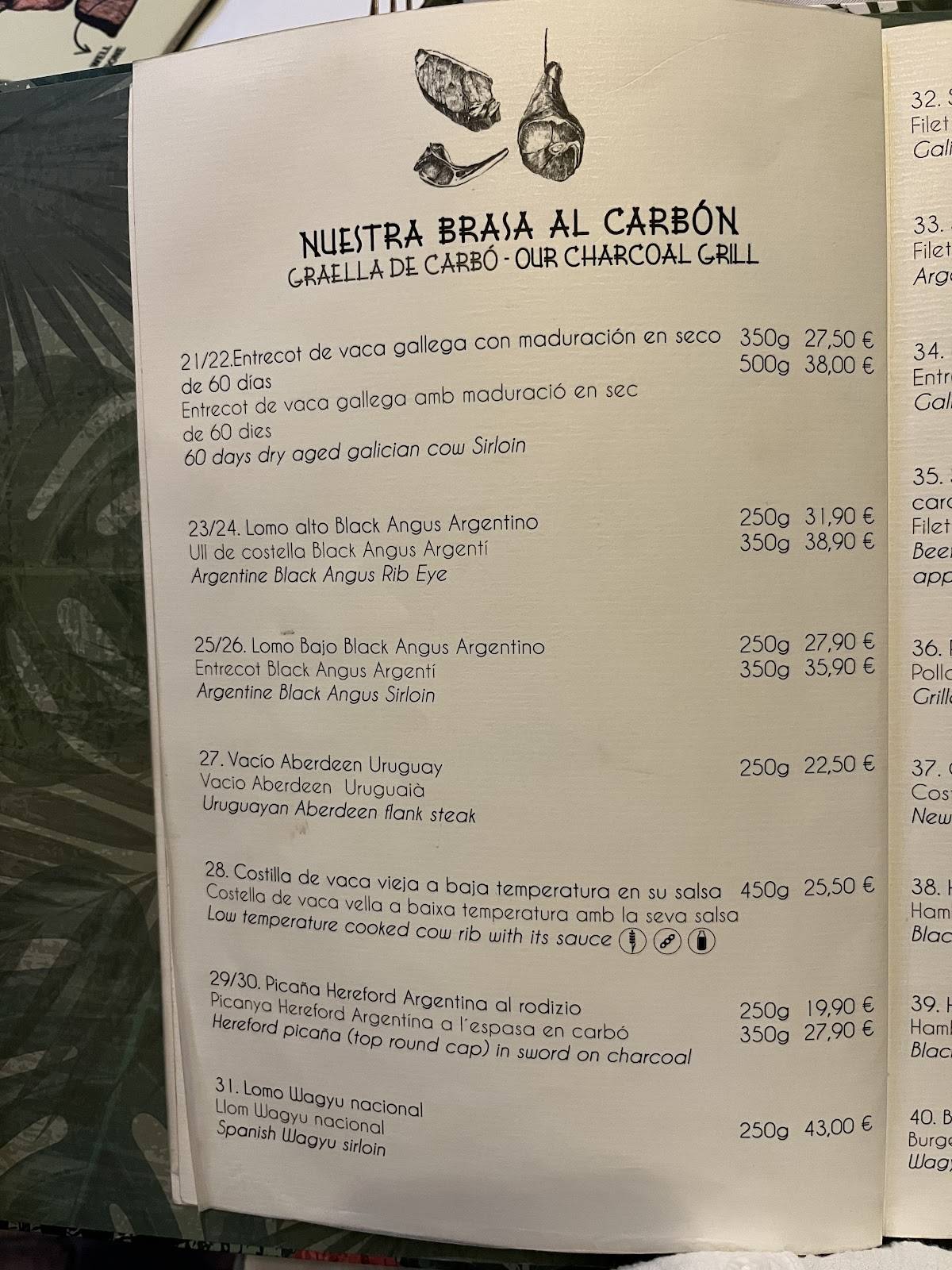 Menu at La Selva Barcelona Còrsega, Barcelona