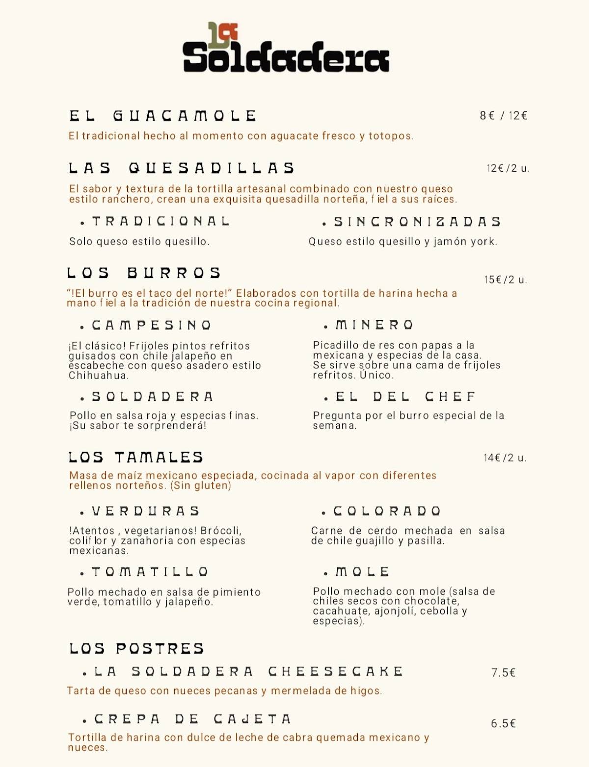Carta de La Soldadera Mezcal Bar, Madrid