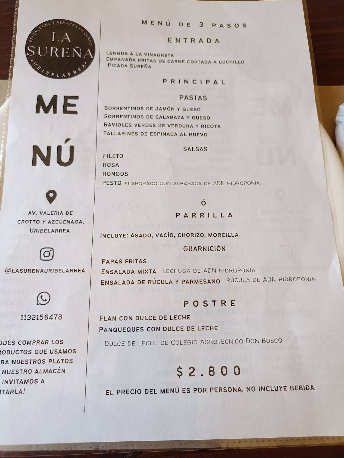 Carta del restaurante La Sureña, Uribelarrea