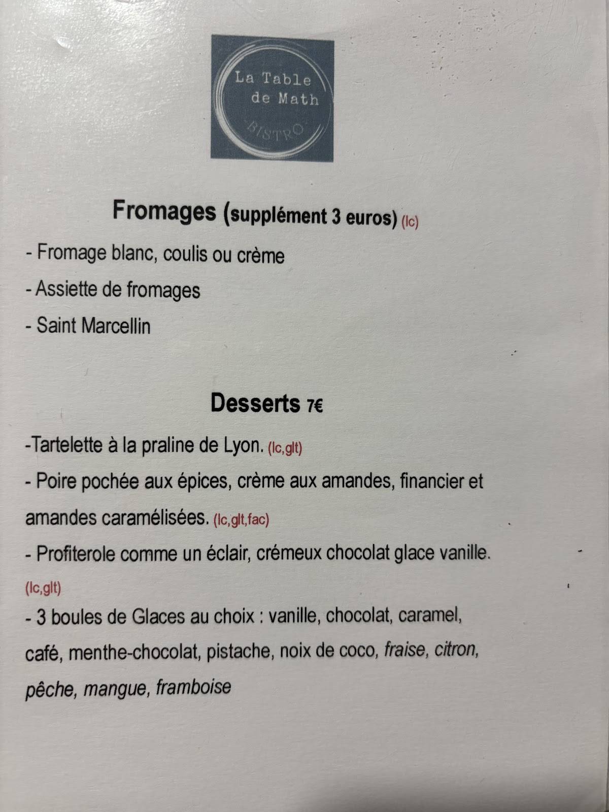 Menu au La Table de Math restaurant, Bibost