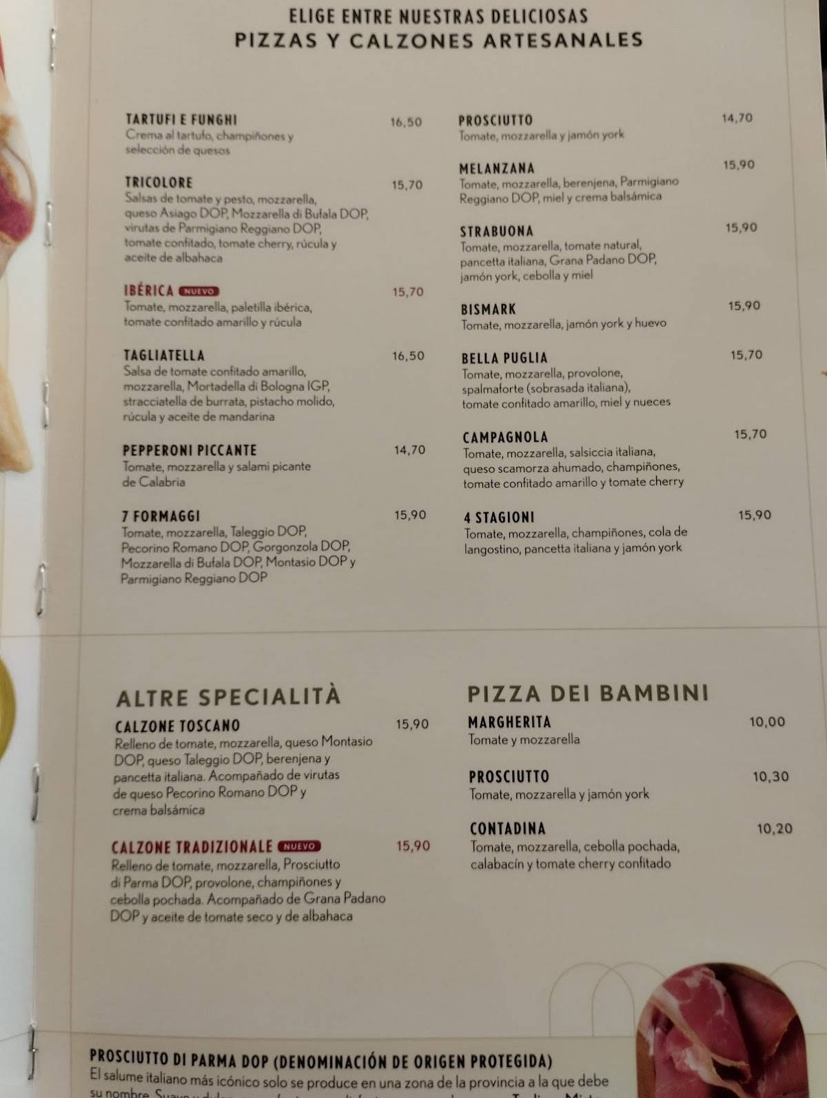 Carta del restaurante La Tagliatella, Barcelona, Av. Diagonal