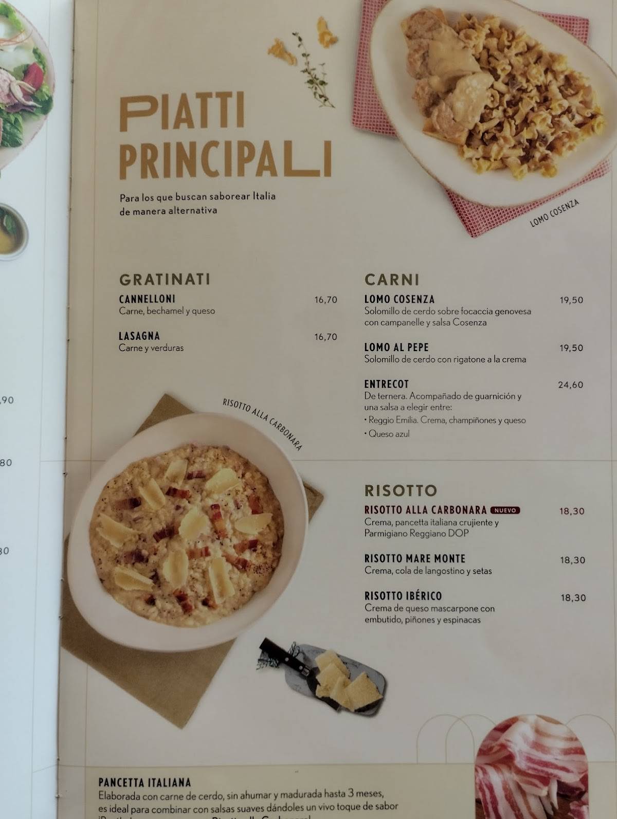 Carta del restaurante La Tagliatella, Barcelona, Av. Diagonal