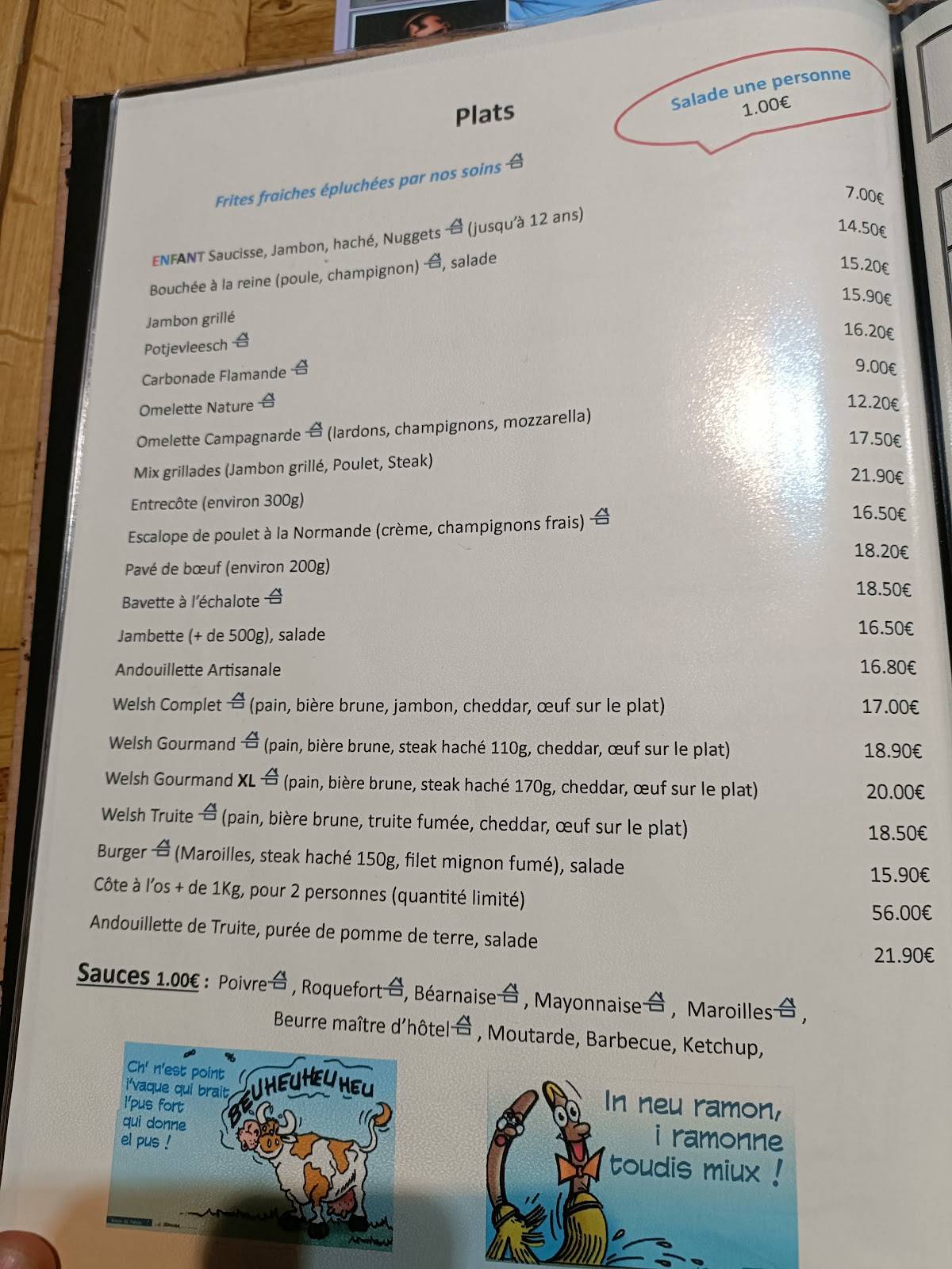 Menu au La Taverne du Moulin restaurant, Caucourt
