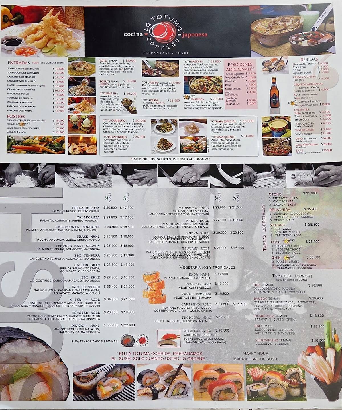 Carta del restaurante La Totuma Corrida, Bogotá