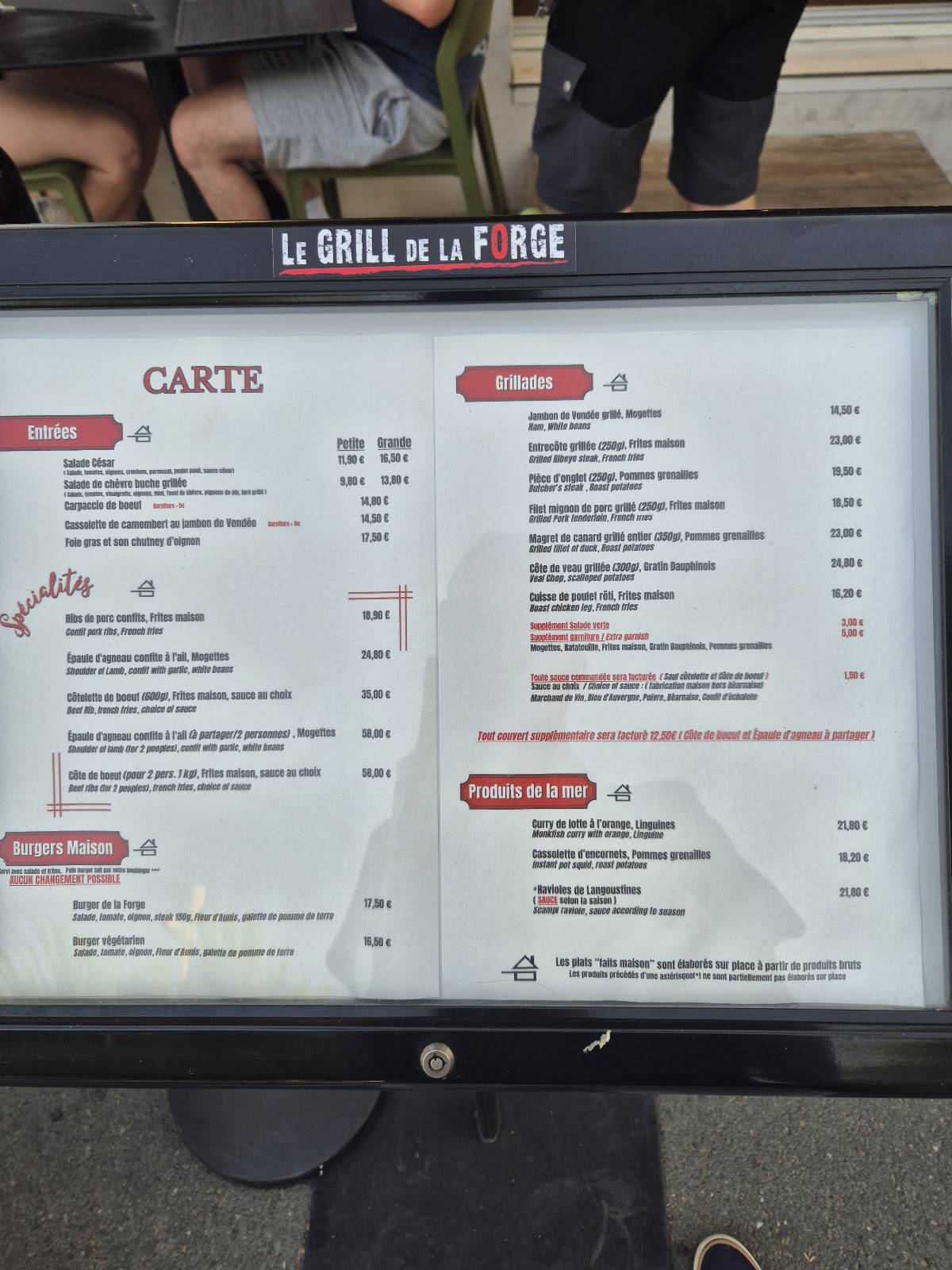 Menu au Le Grill De La Forge restaurant, La Tranche-sur-Mer, La