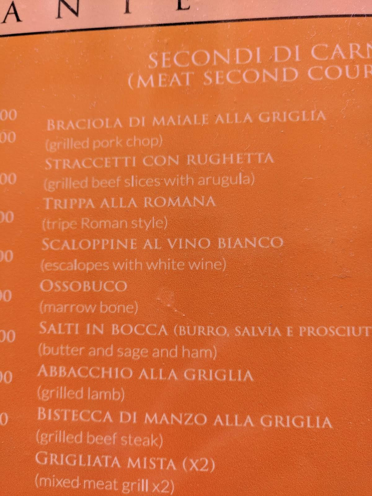 Menu at La Vecchia Roma pizzeria, Rome, Via Leonina