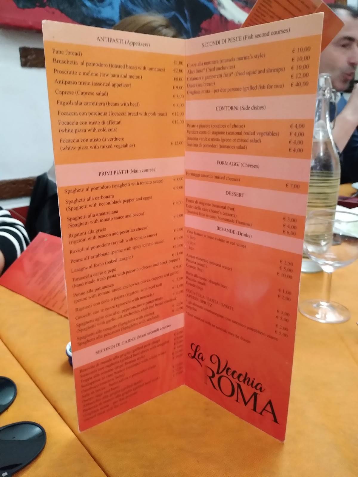 Menu at La Vecchia Roma pizzeria, Rome, Via Leonina