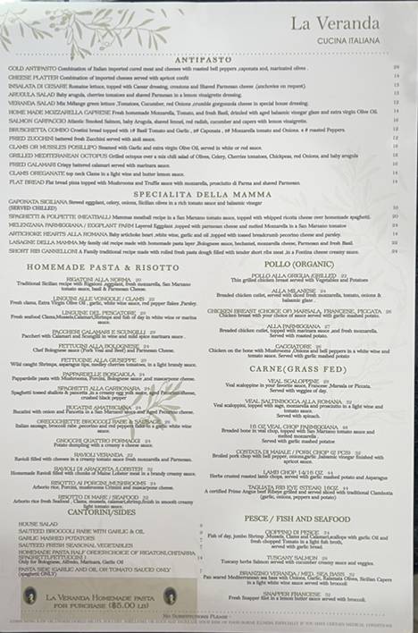 Menu at La Veranda restaurant, Pompano Beach