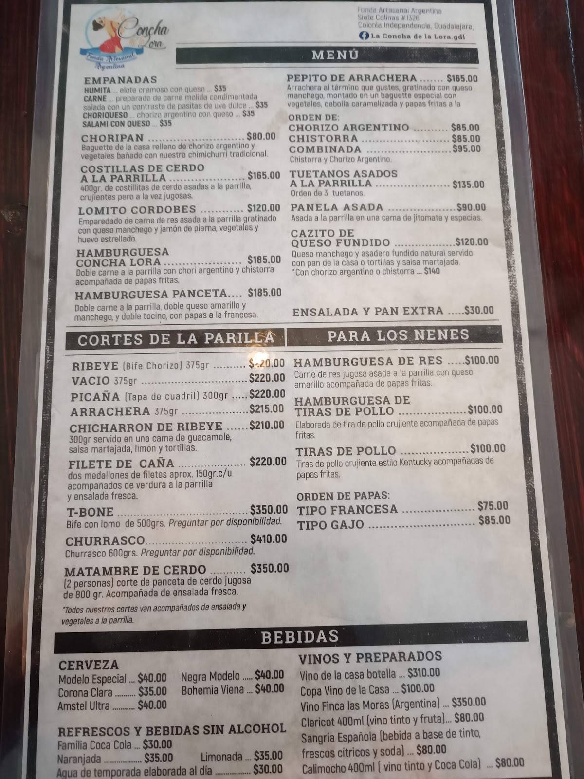 Menu at La concha de la lora restaurant, Guadalajara