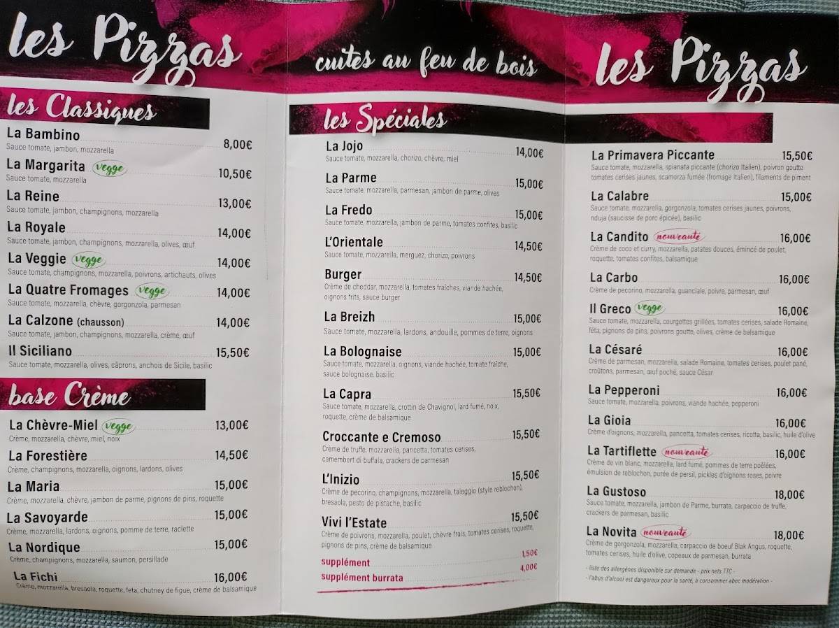 Menu au La main à la pâte pizzeria, Trégunc