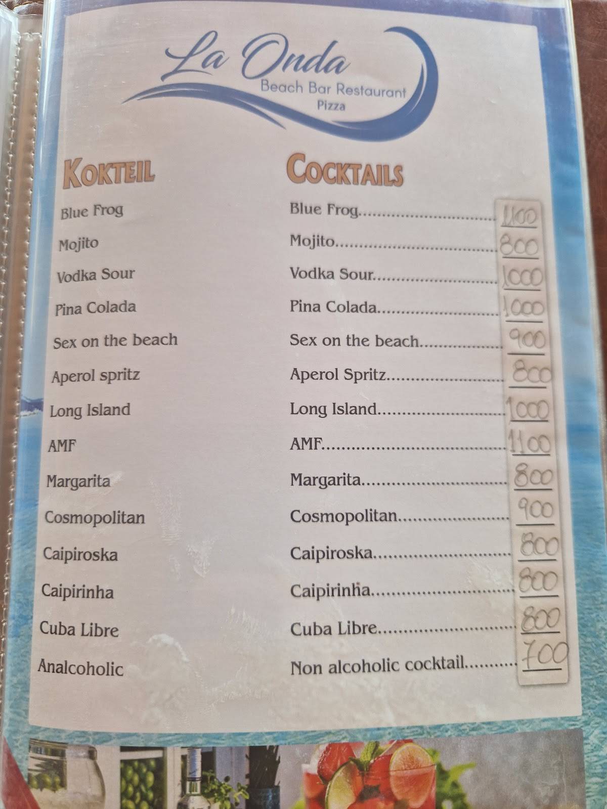 Menu au La onda beach bar, Lukovë