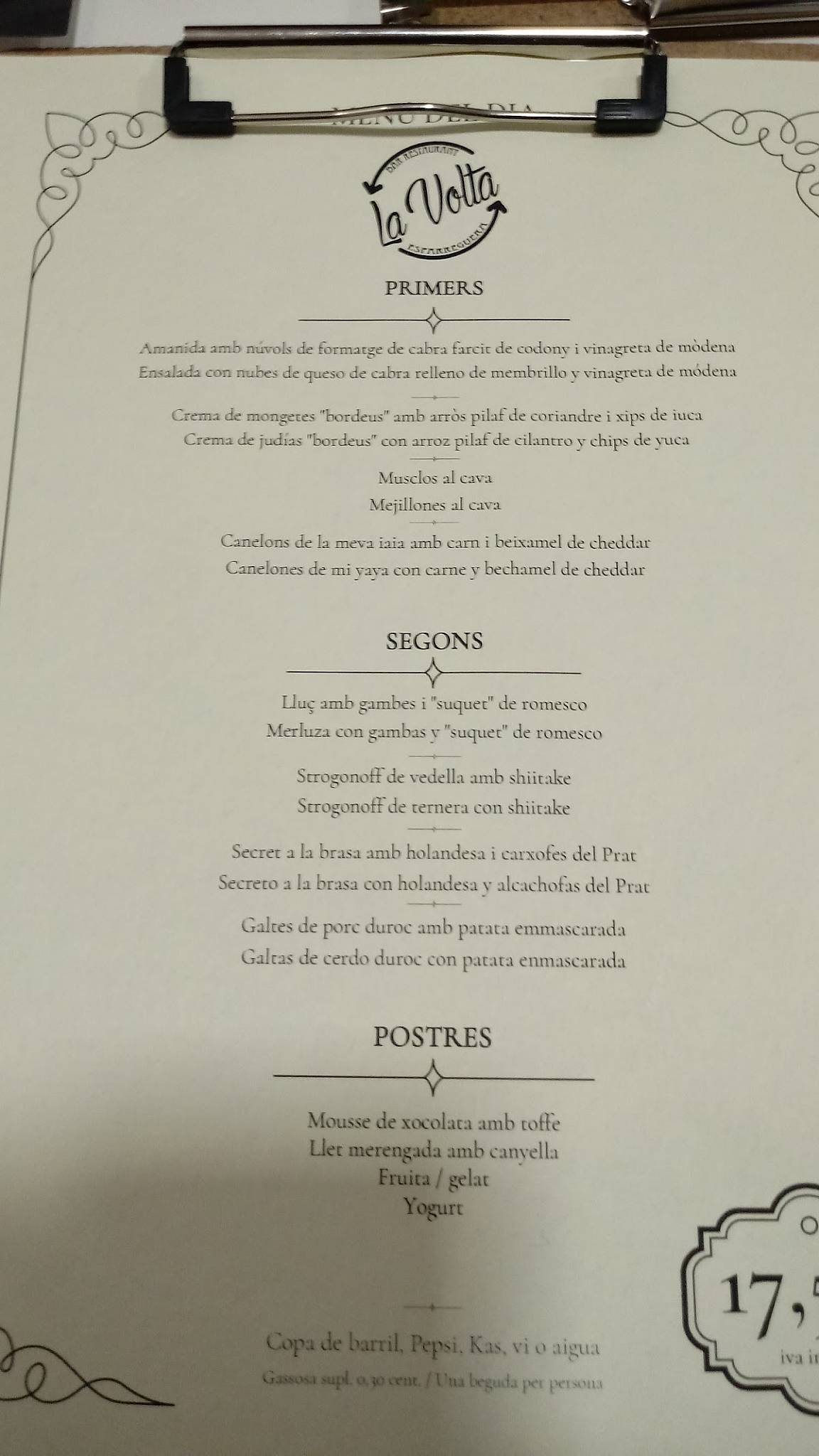 Carta del restaurante La volta, Esparraguera, Av. Francesc Macià