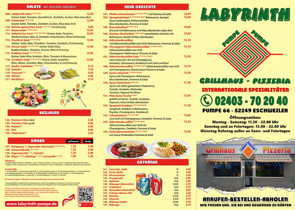 Speisekarte von Labyrinth restaurant, Eschweiler, Pumpe 68