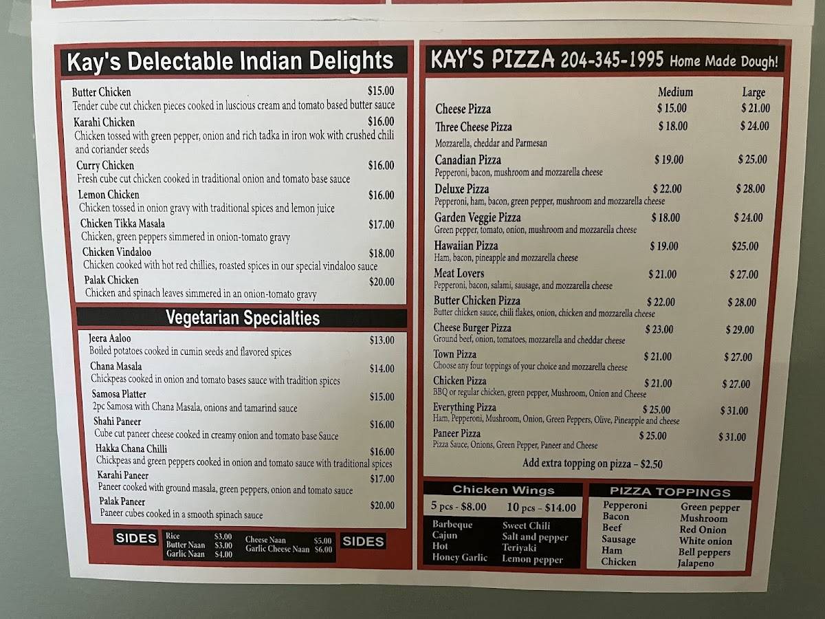 Menu at Kays Kitchen restaurant, Lac du Bonnet