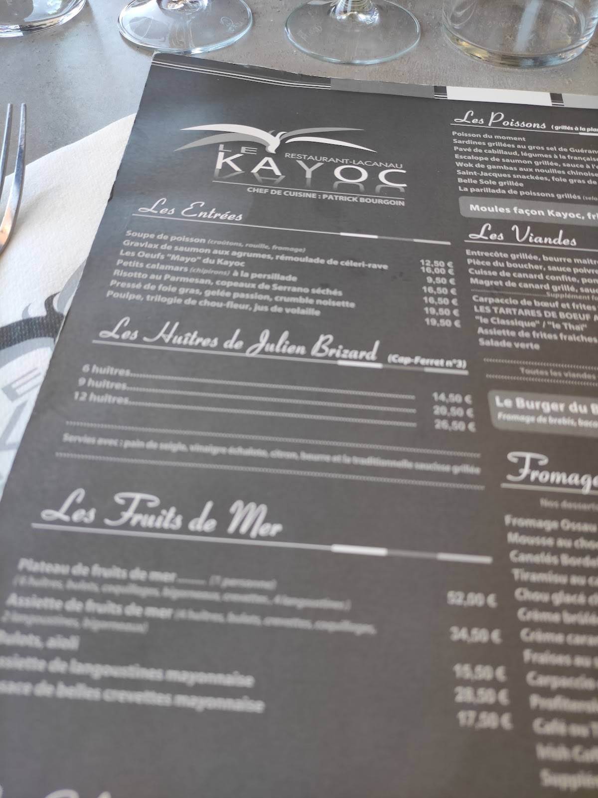 Menu au Le Kayoc Lacanau Plage restaurant, Lacanau, 2 allée Pierre Ortal
