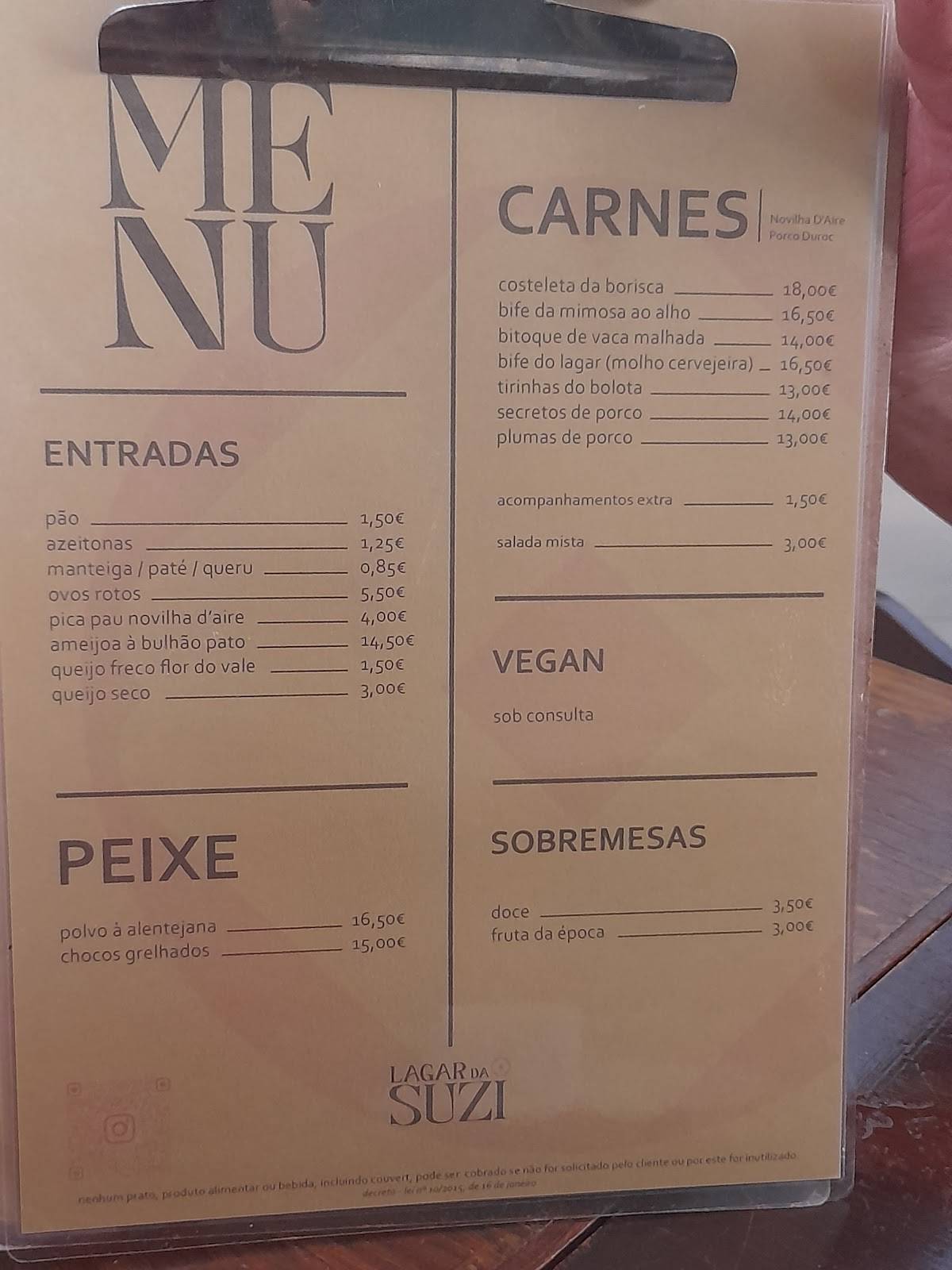 Menu em Lagar da Suzi restaurante, Salir de Matos