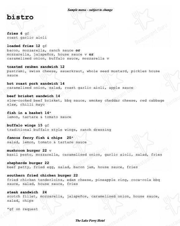Menu at Lake Ferry Hotel pub & bar, Lake Ferry