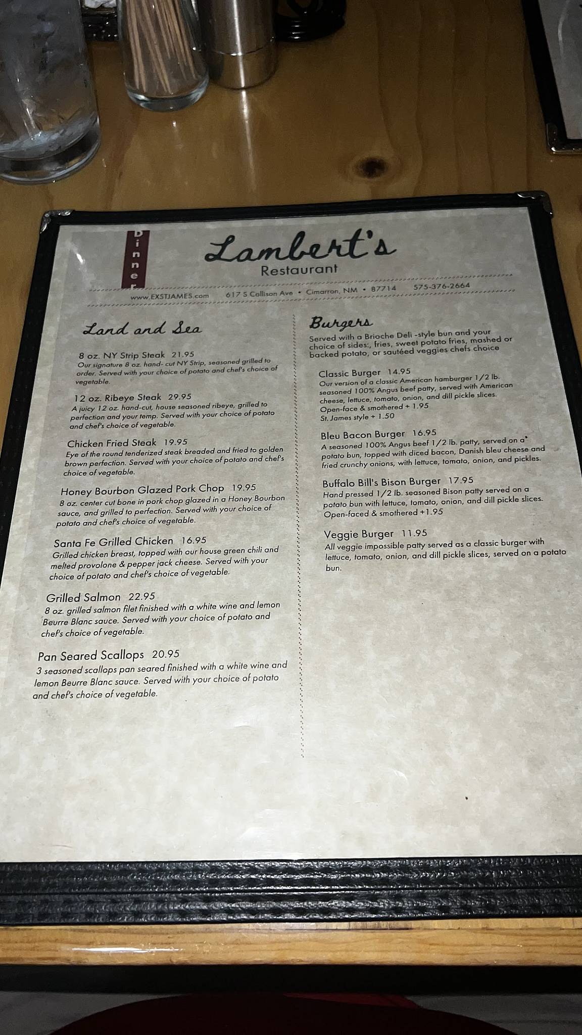 Menu at Lambert's Bar and Restaurant, Cimarron