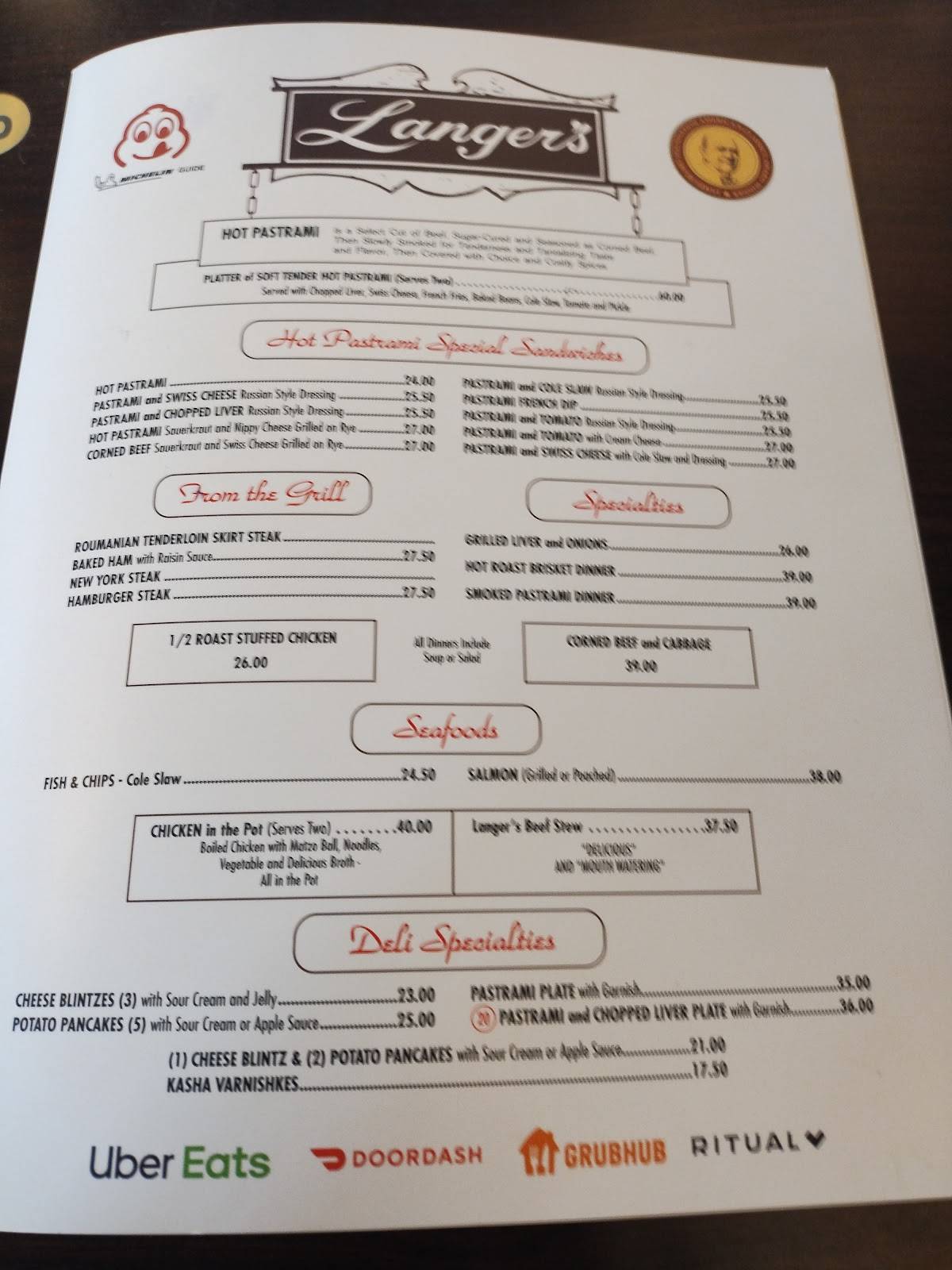 Menu at Langer's Delicatessen-Restaurant, Los Angeles