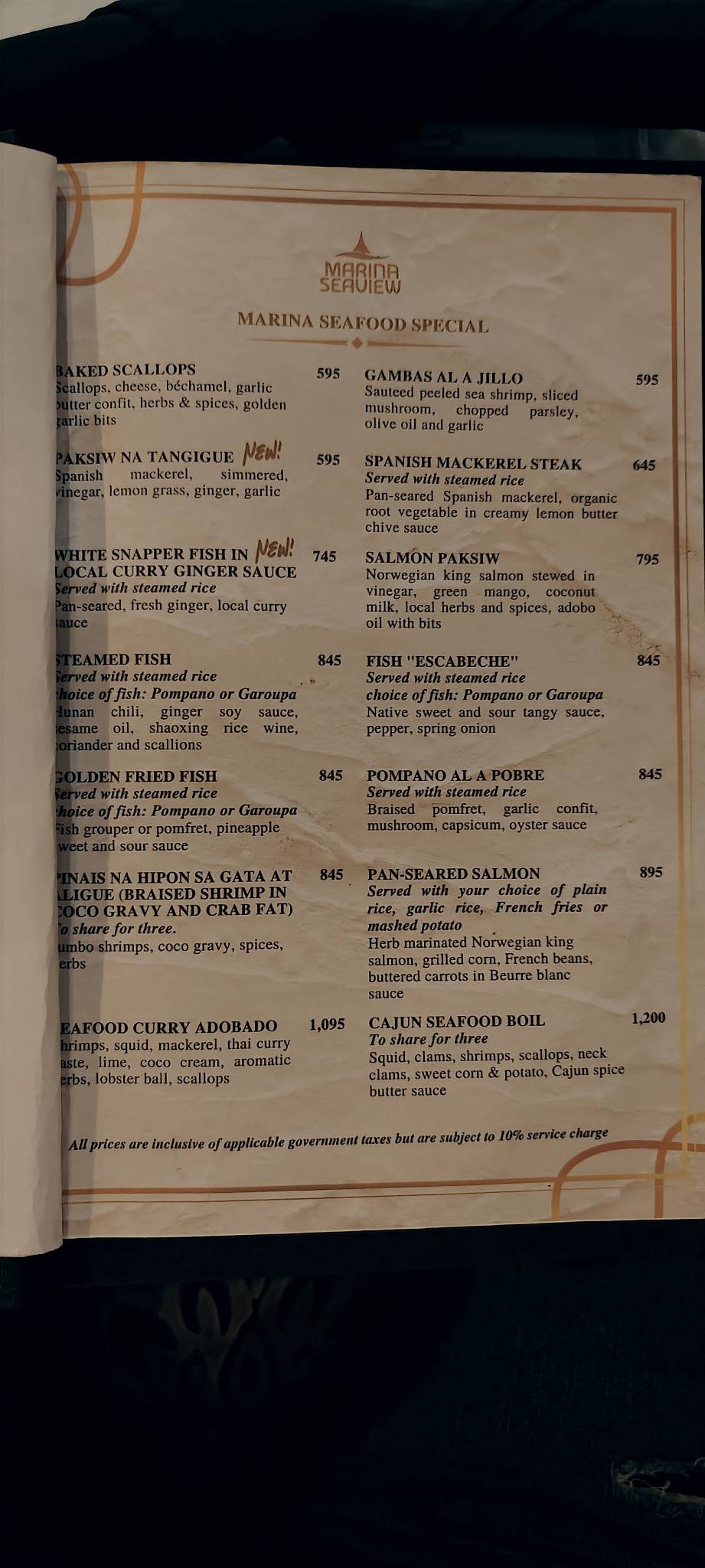 Menu at Marina Seaview Restaurant, Lapu-Lapu City, MEPZ 1 Skywalk