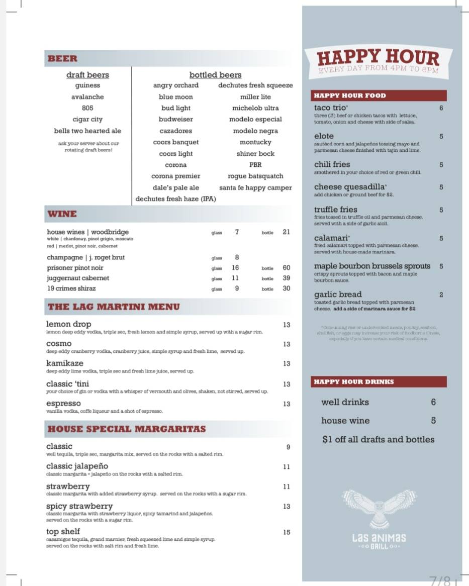 Menu at Las Animas Grill restaurant, Trinidad