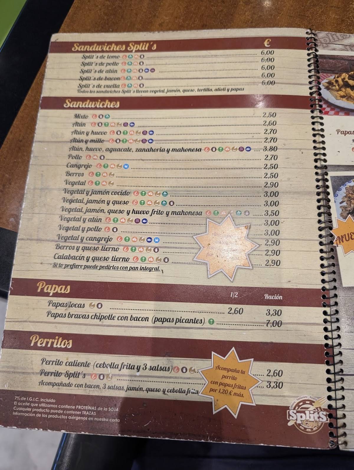 Menu at Splits Café Centro Comercial Las Arenas, Las Palmas de Gran Canaria