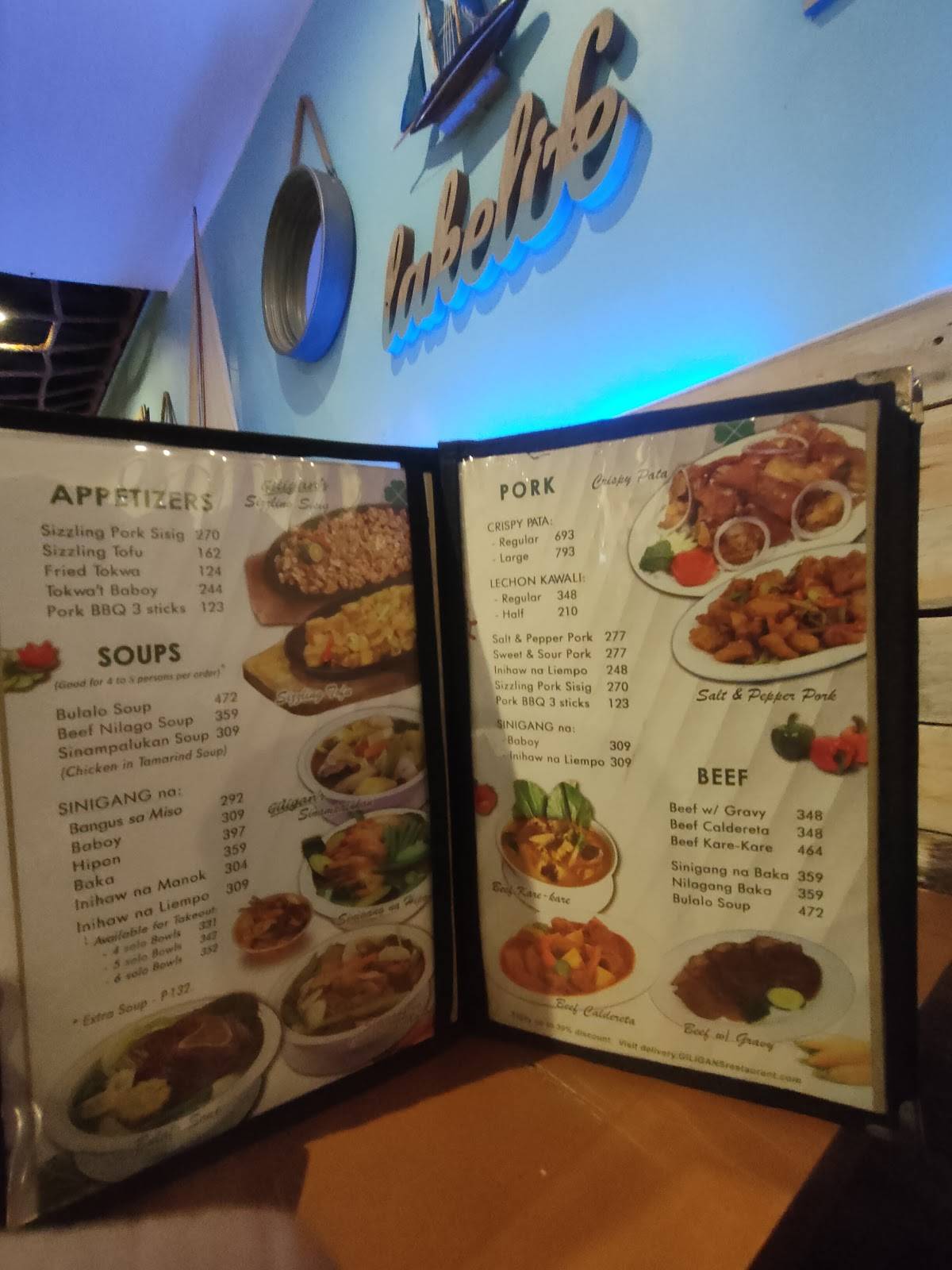 Menu at Giligan's restaurant, Las Pinas, The Village Square Alabang