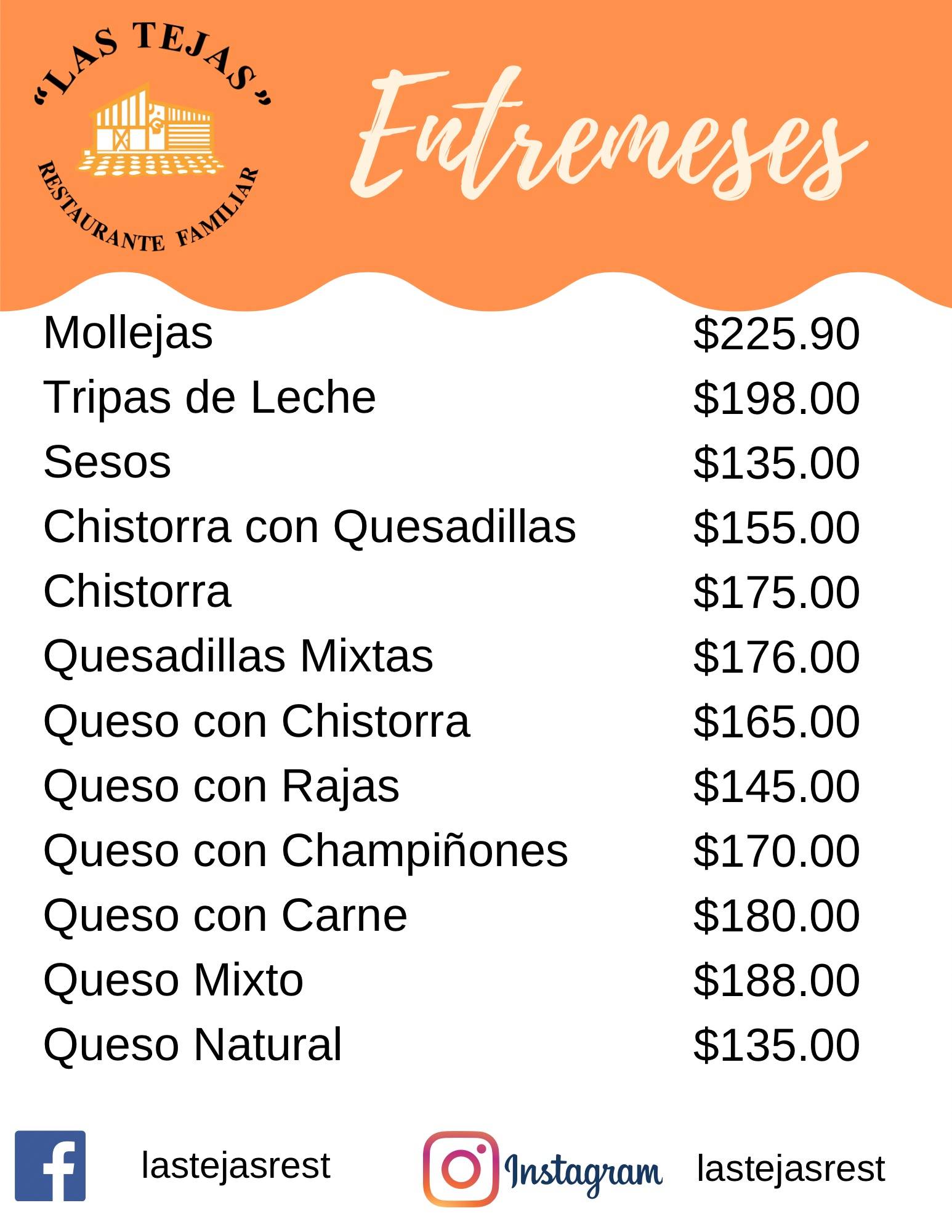 Carta del restaurante Las Tejas, Toluca del Lerdo, Avenida
