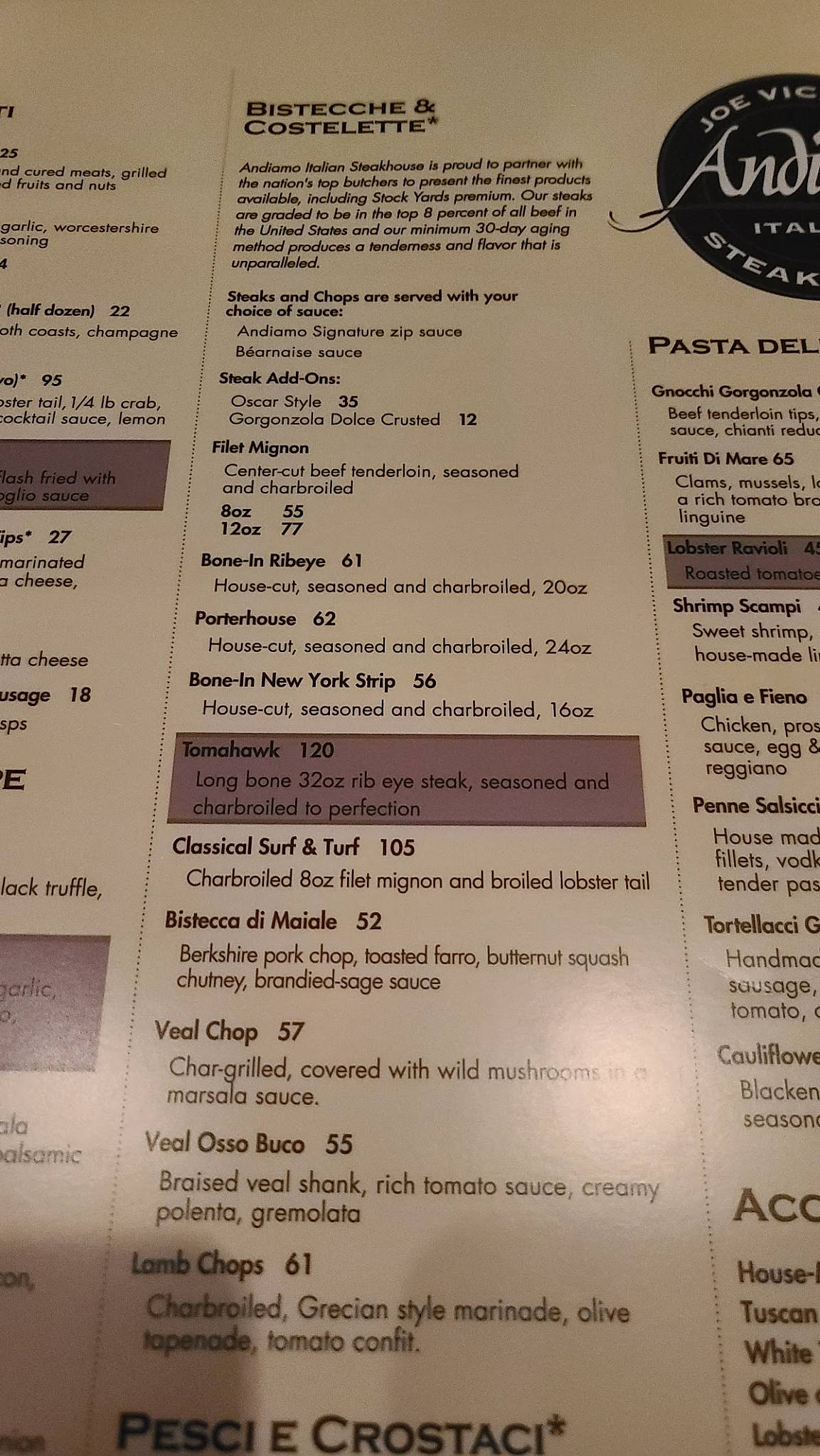 Menu at Andiamo Steakhouse, Las Vegas