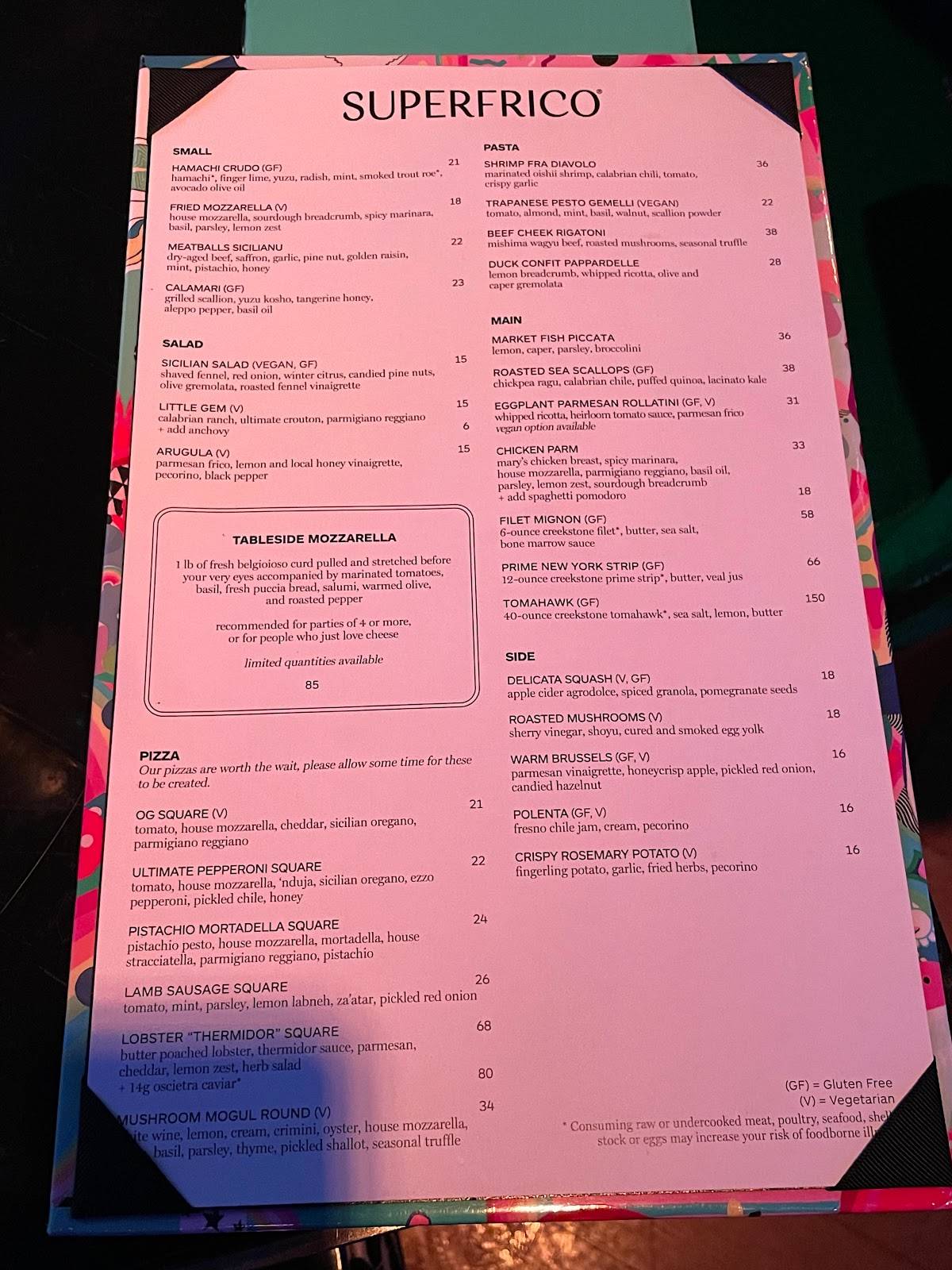 Menu at Superfrico pub & bar, Las Vegas