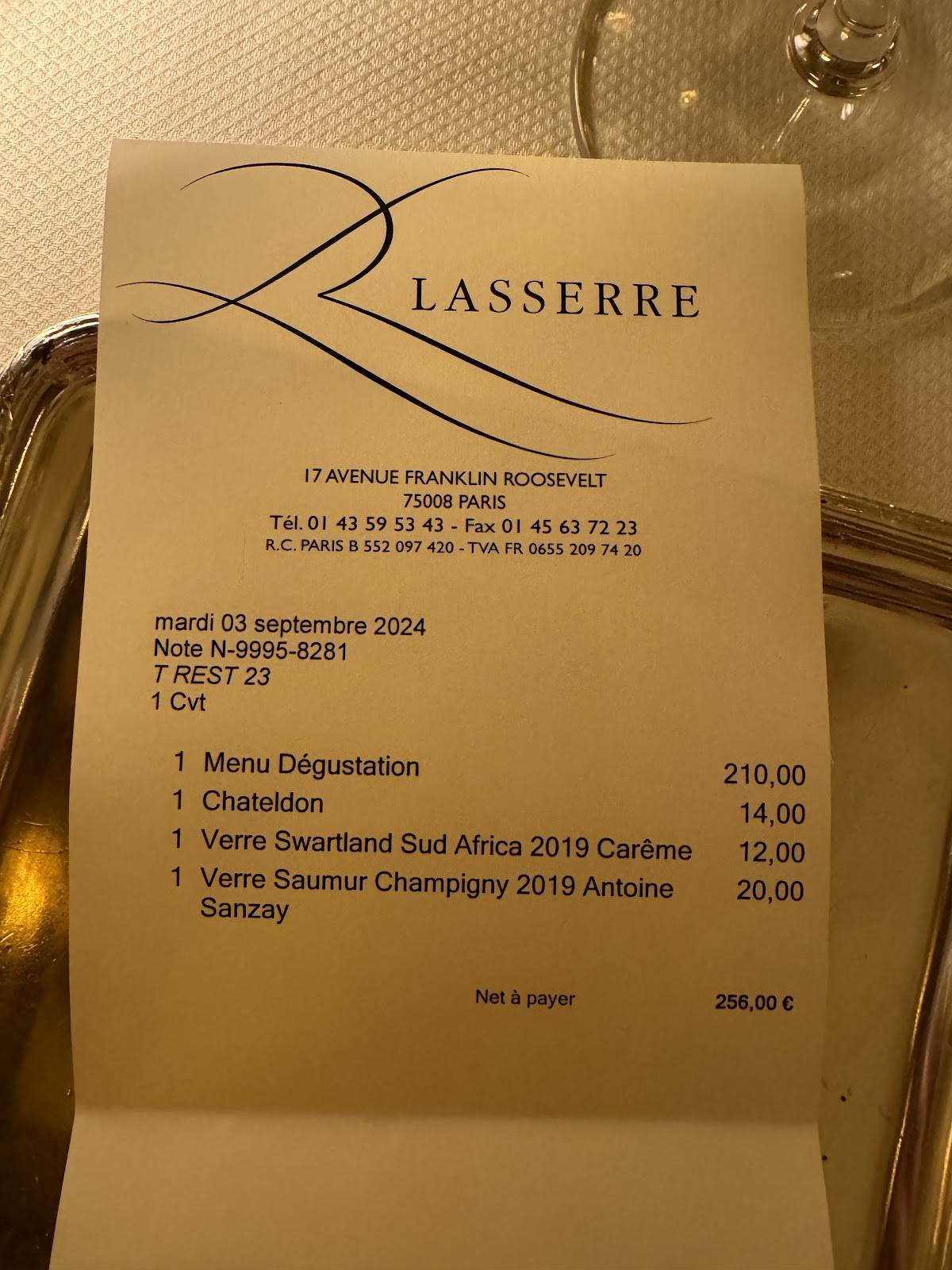 Menu at Lasserre restaurant, Paris, 17 Av. Franklin Delano Roosevelt