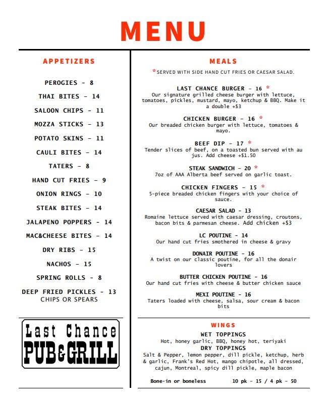 Menu at Last Chance Pub and Grill, Tofield