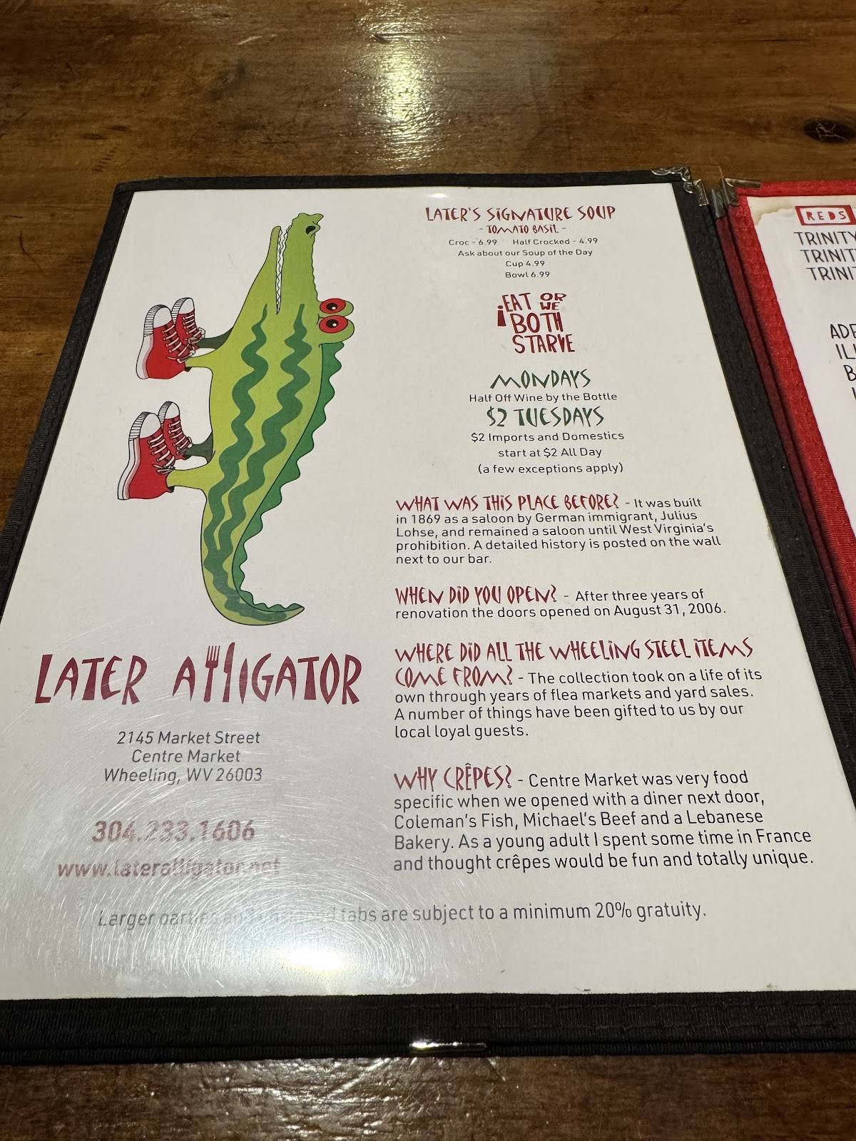 Carta del pub y bar Later Alligator, Wheeling