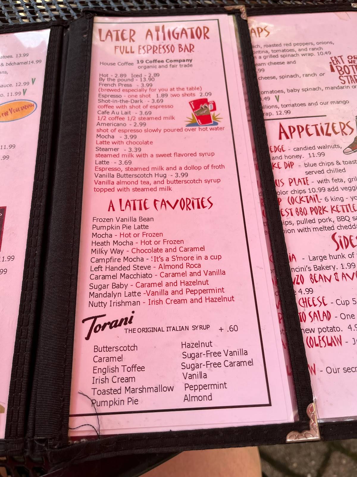 Menu at Later Alligator pub & bar, Wheeling