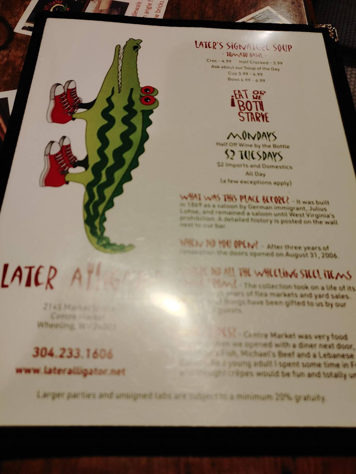 Menu at Later Alligator pub & bar, Wheeling