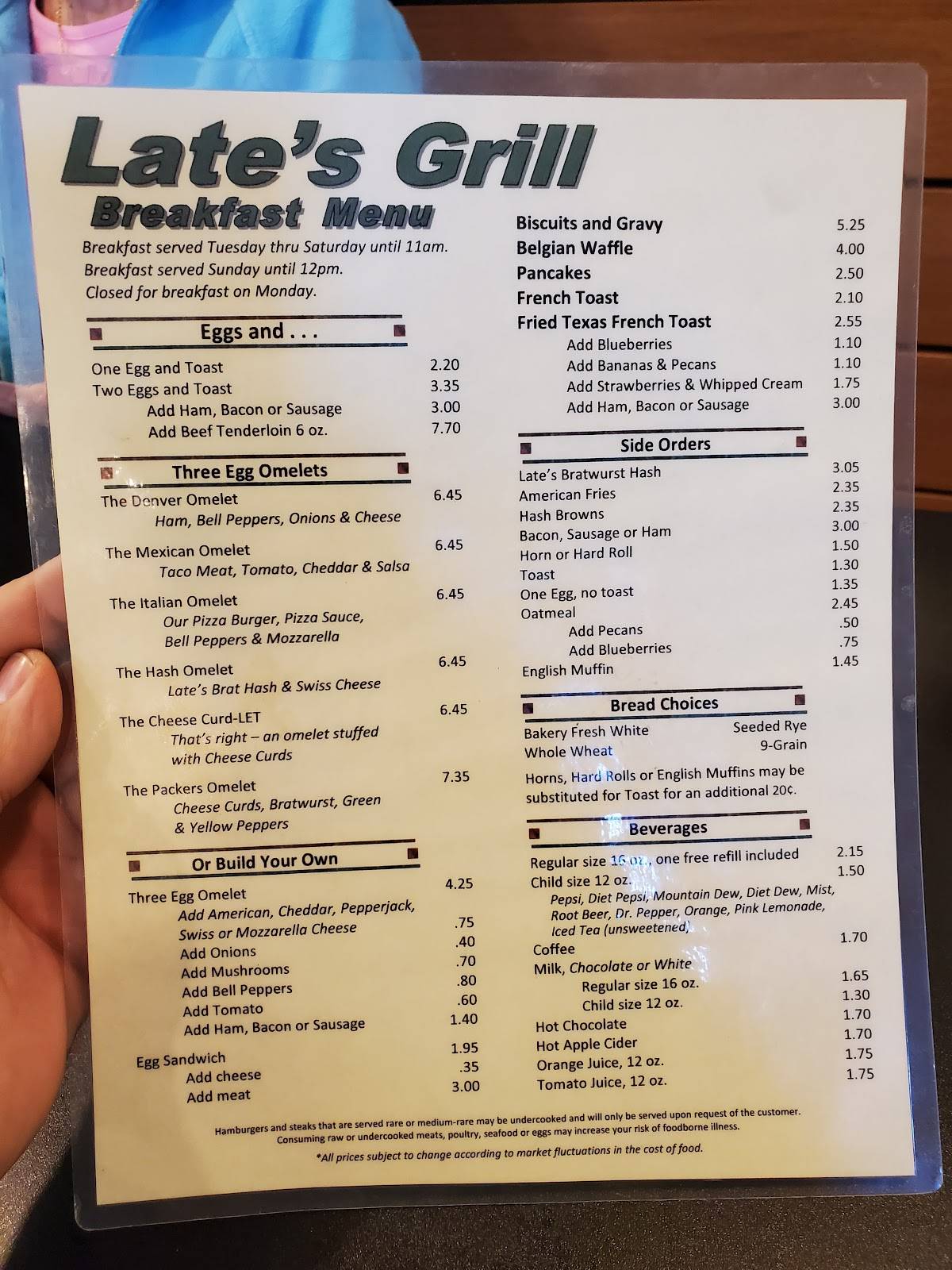 Menu at Late's restaurant, Manitowoc