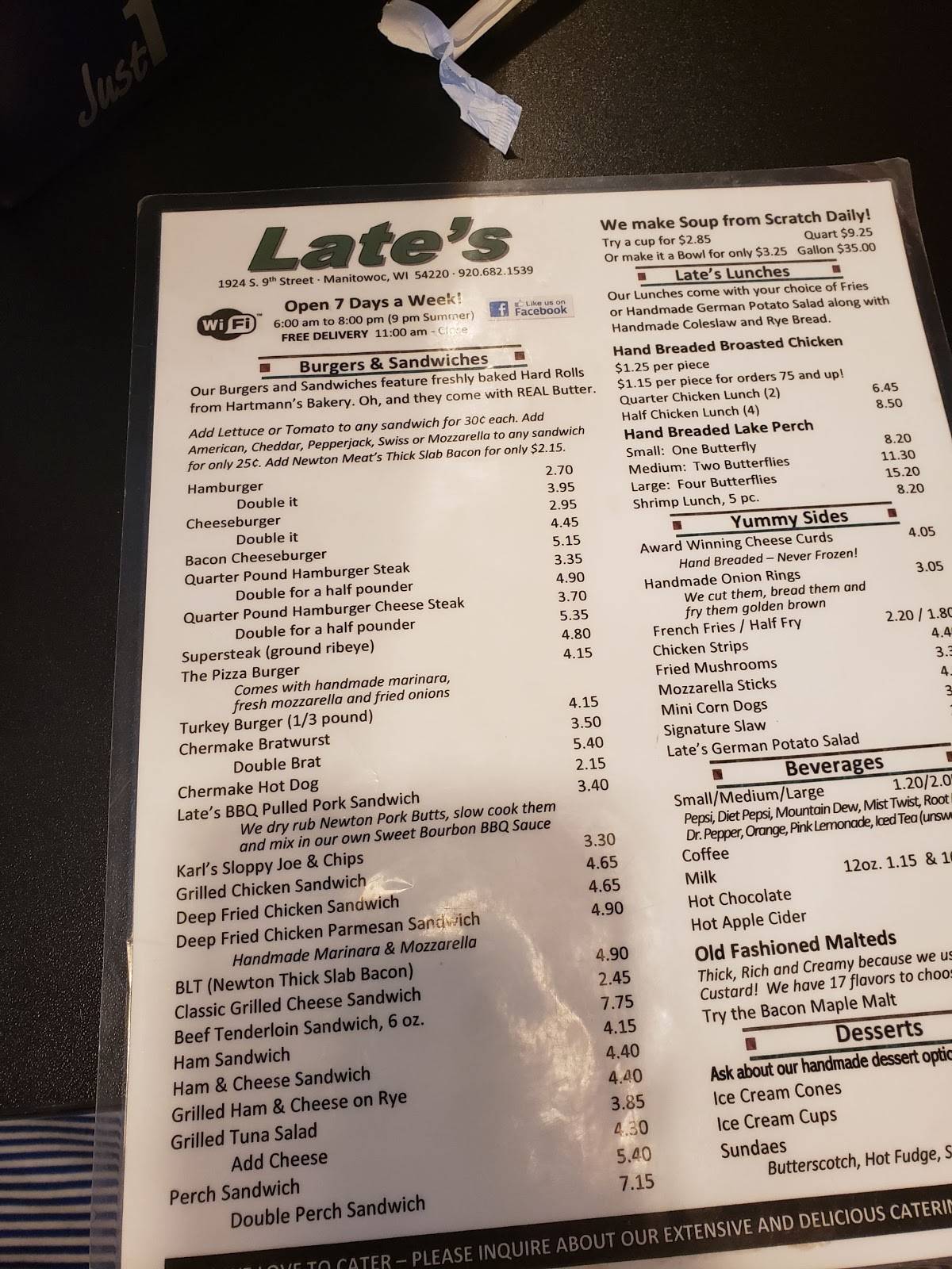 Menu at Late's restaurant, Manitowoc