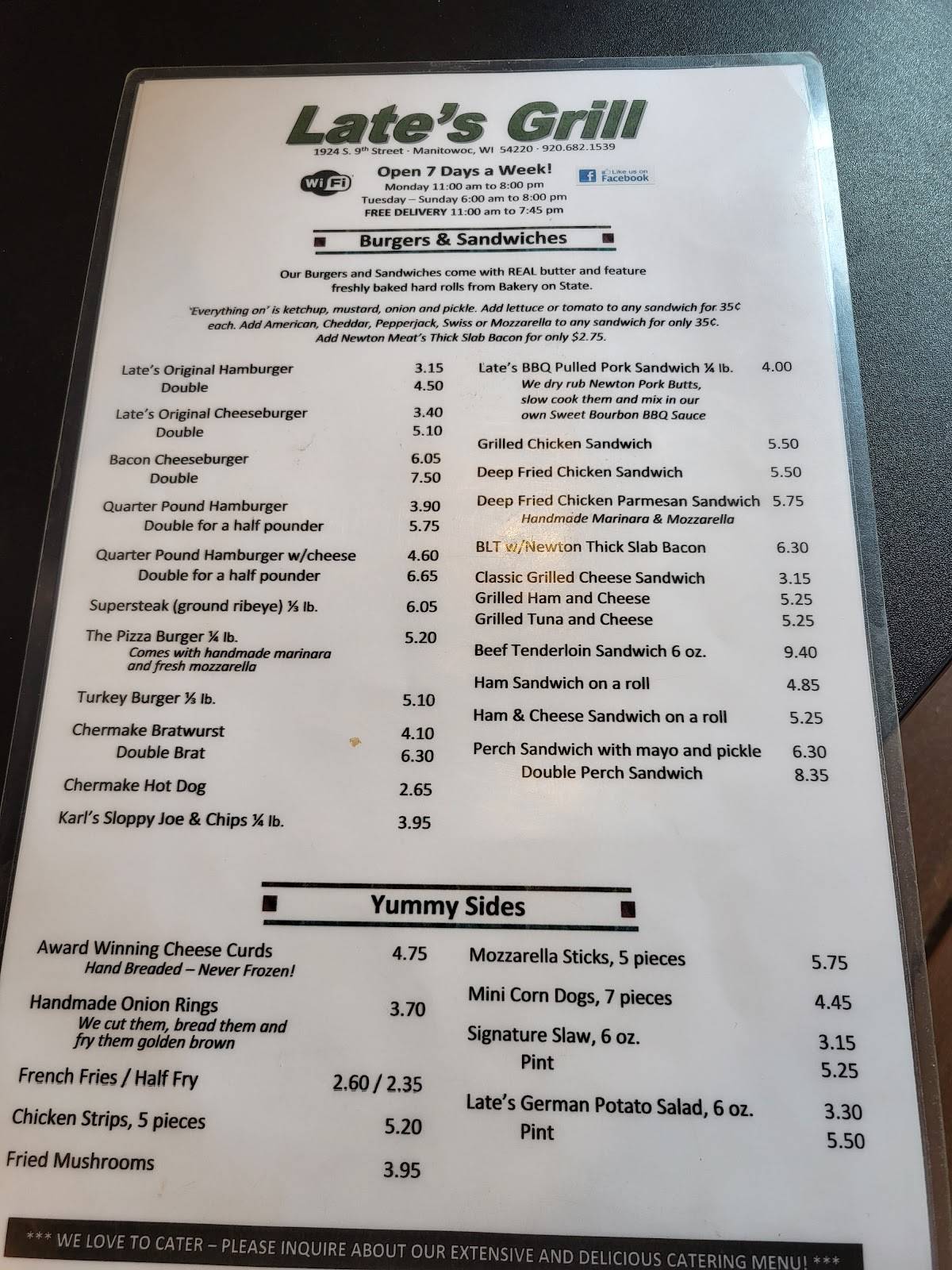 Menu at Late's restaurant, Manitowoc