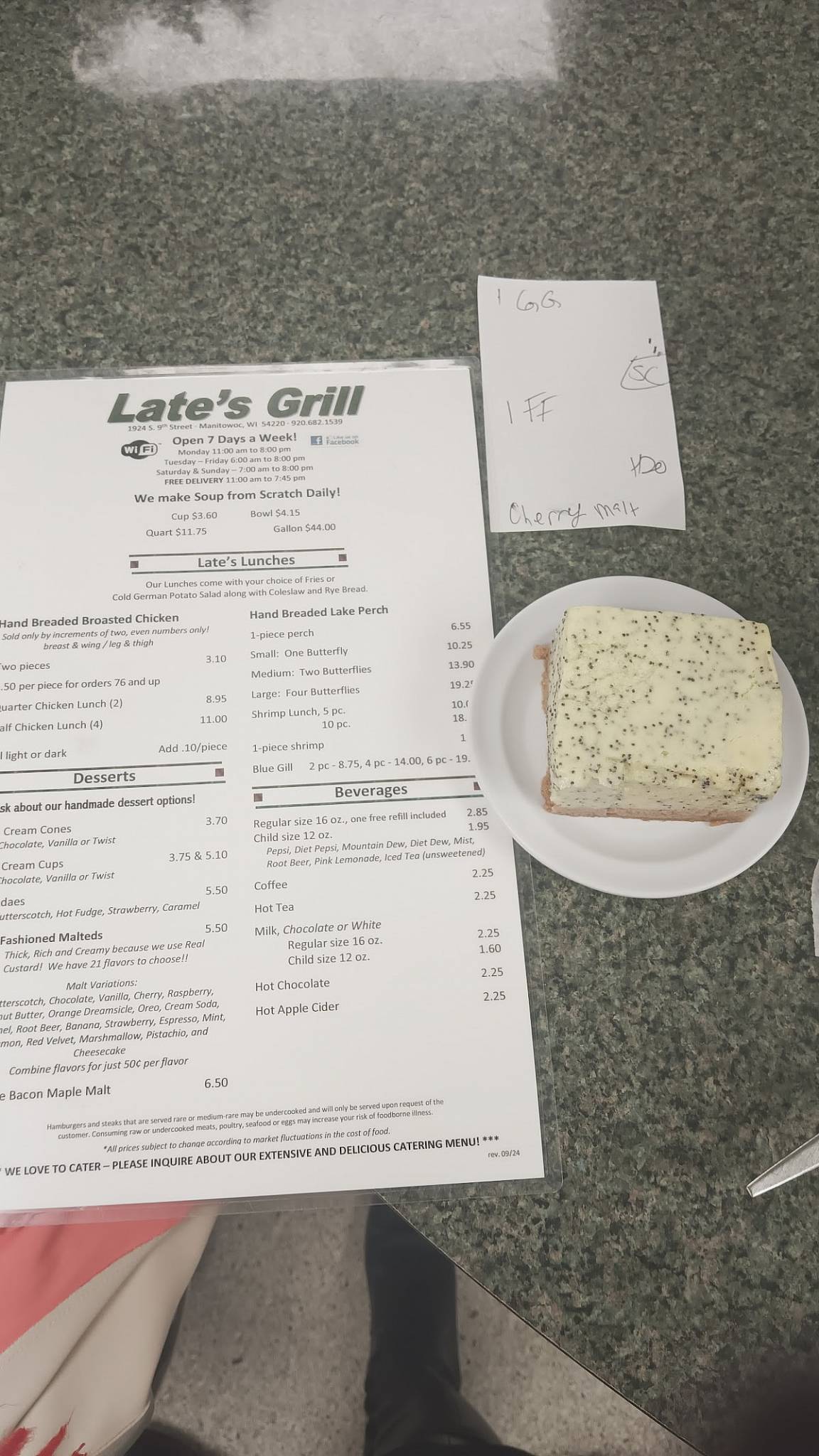 Menu at Late's restaurant, Manitowoc
