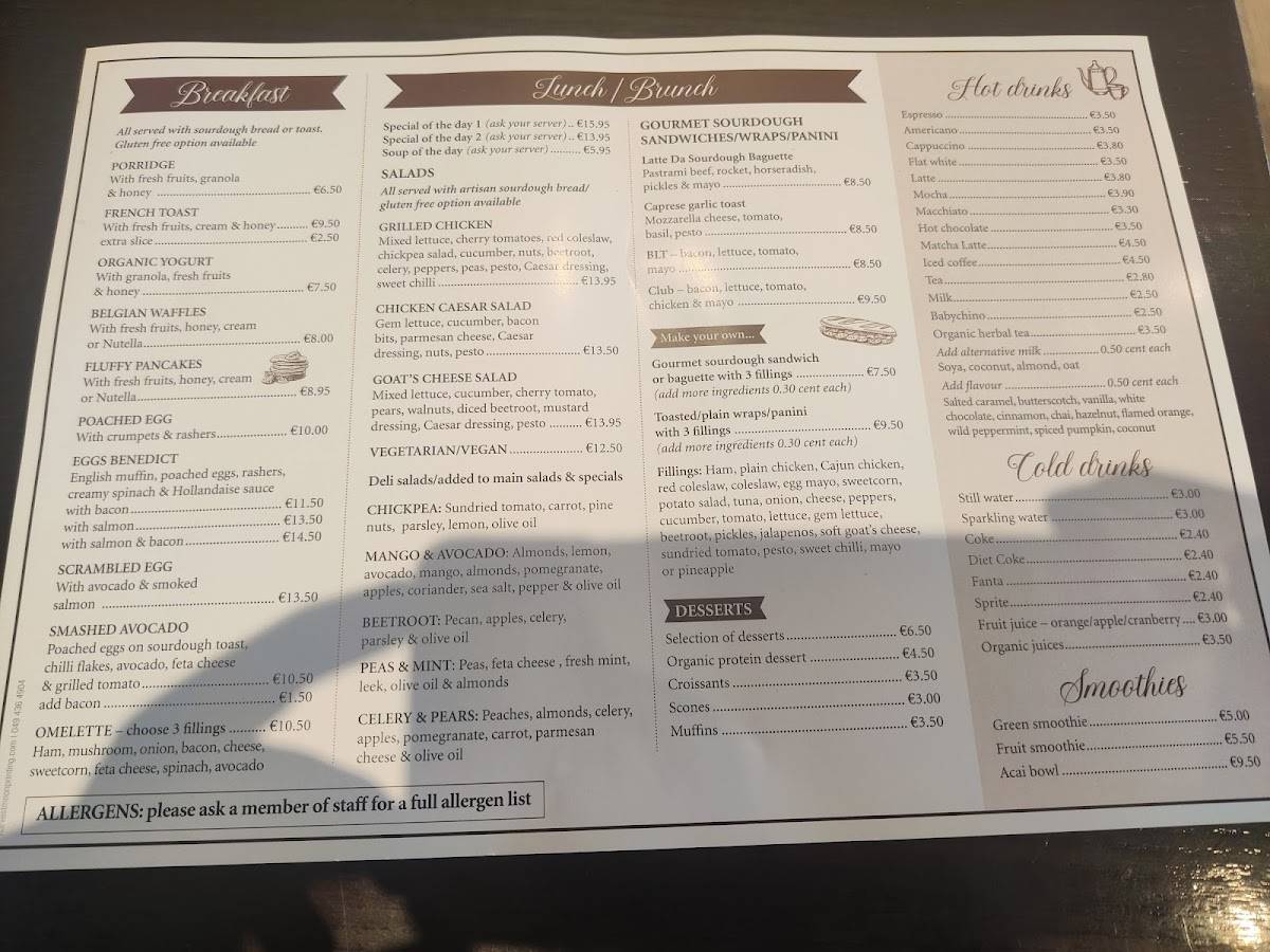 Menu at Latte Da cafe, Cavan, 1 Thomas Ashe St