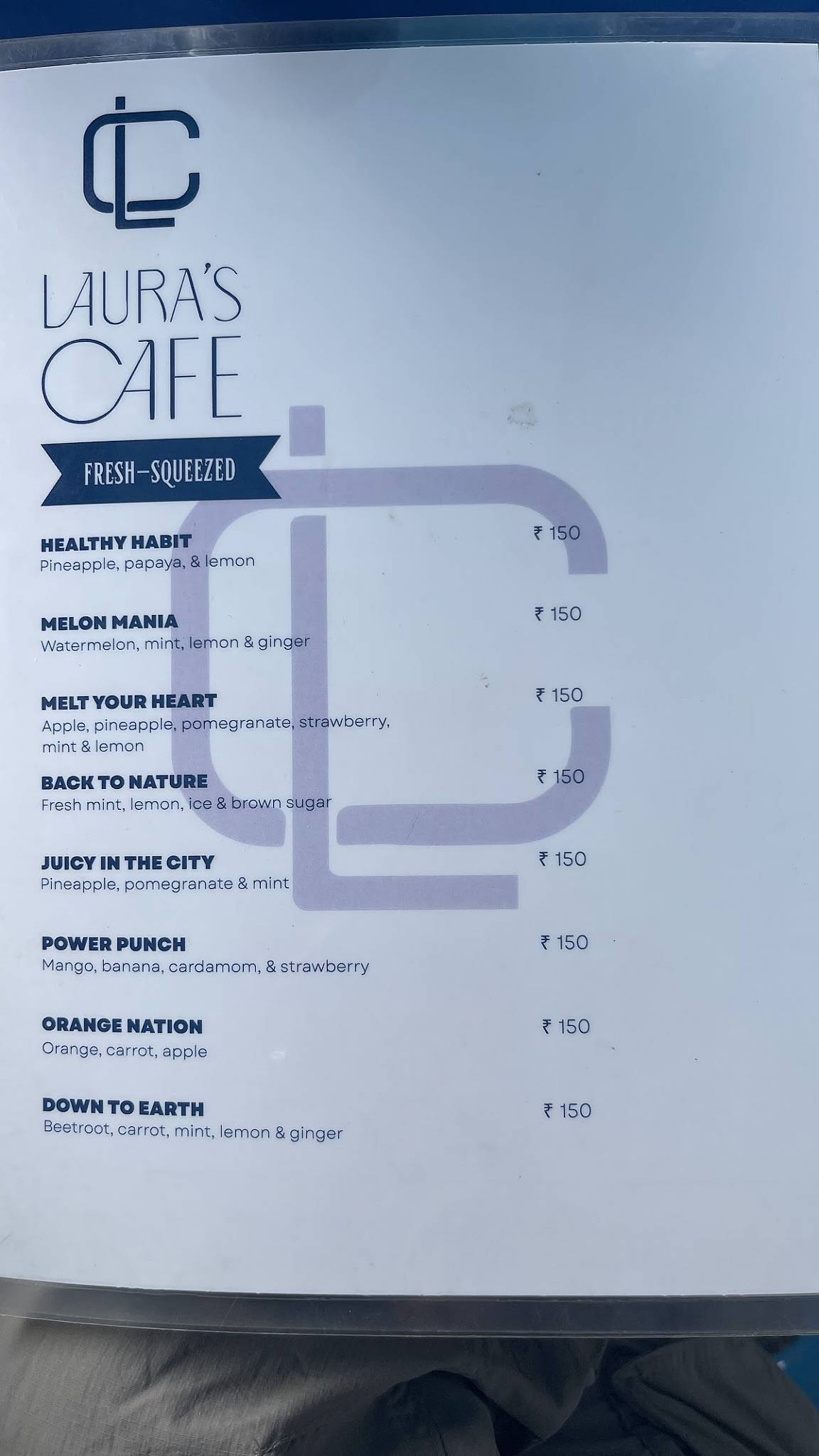 Menu at Laura's Café, Pushkar, opposite Jhulelaal ghat